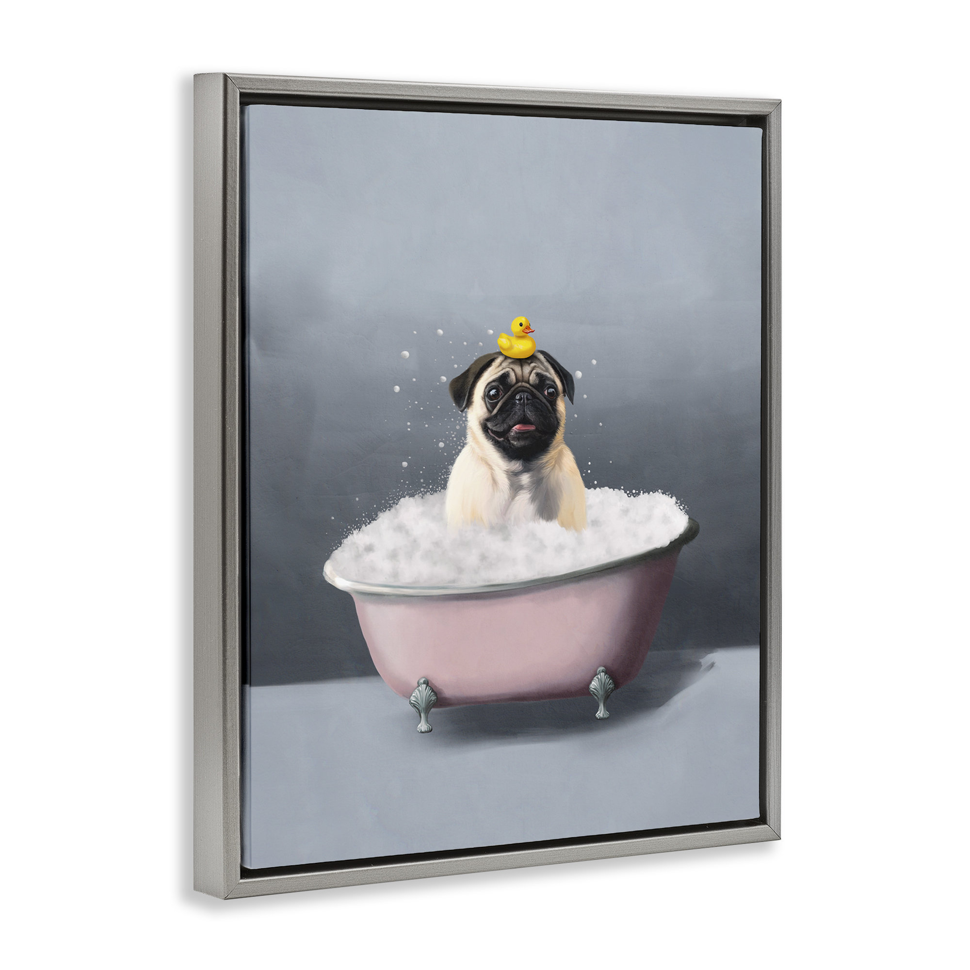 Latitude Run® Bathing Pug with Rubber Duck Framed Floater Canvas Wall ...