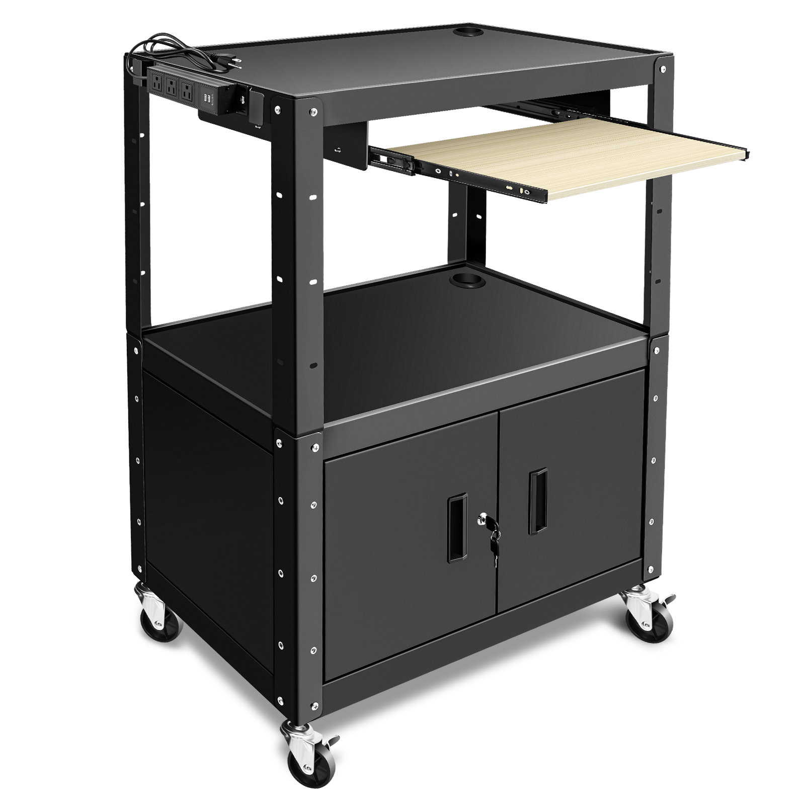 WFX Utility™ Adjustable-Height Steel Cart With Lockable Cabinet & Power ...