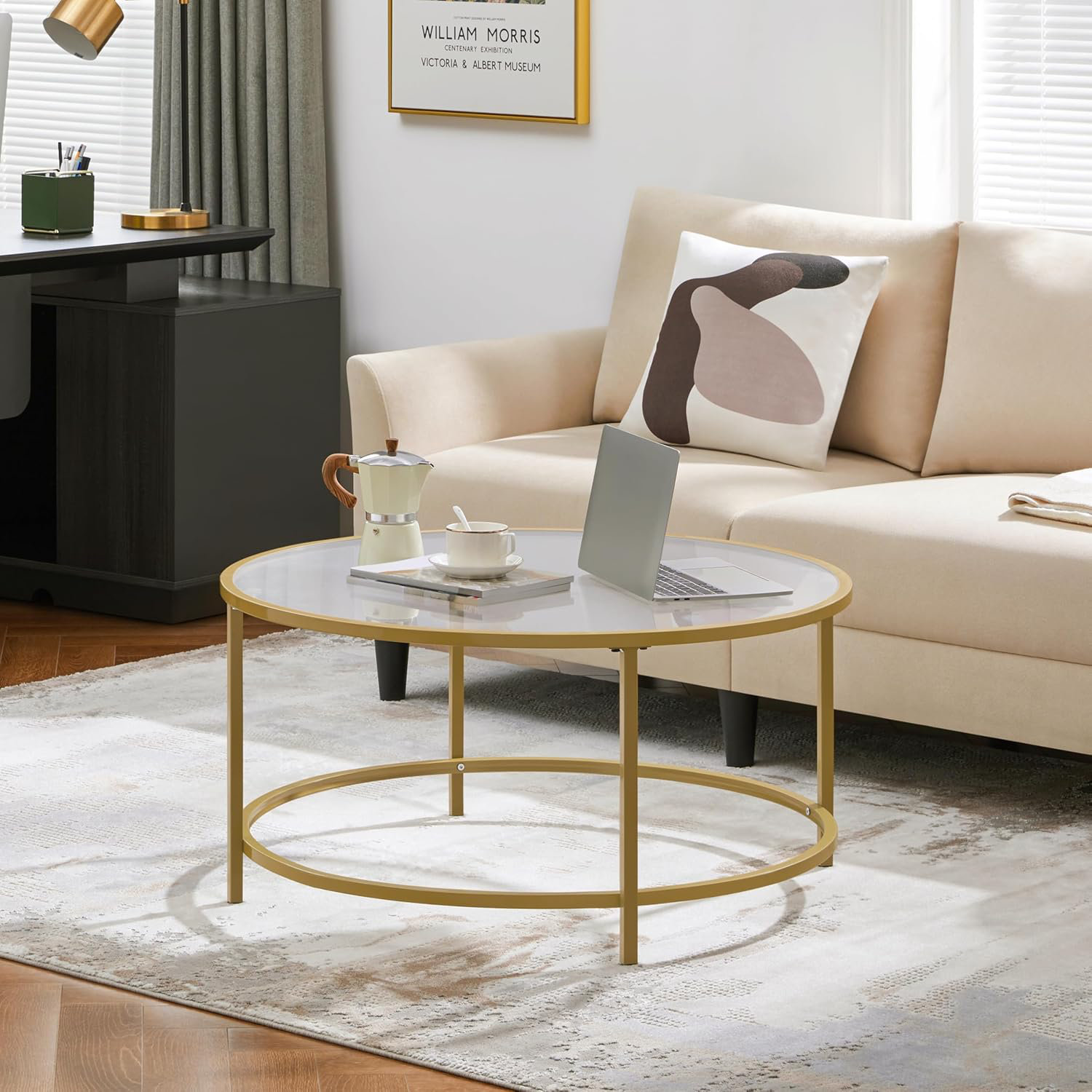 Mercer41 Gold Glass Coffee Table for Living Room, 36" Round Glass ...