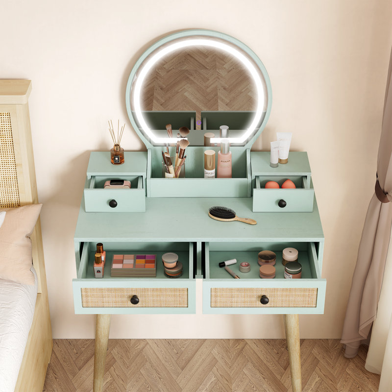 Wrought Studio™ Iesa Boho Natural Rattan Vanity with LED Mirror and ...