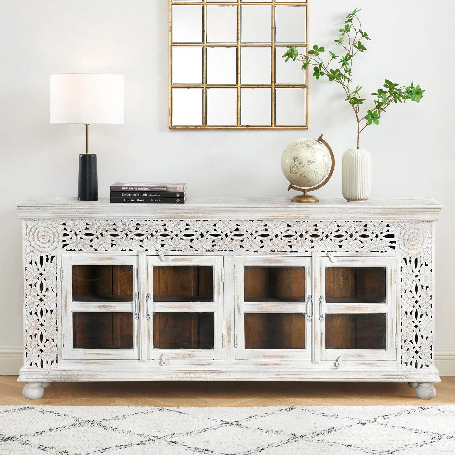 Far Pavilions Transitional Style Lattice Carved 83 in. Long Sideboard ...