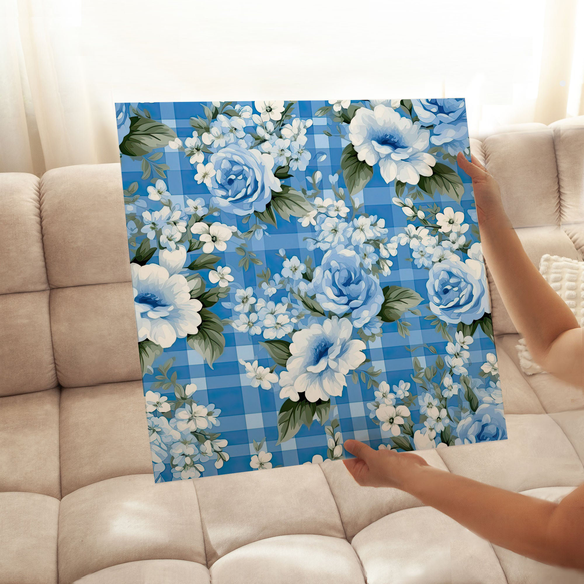 August Grove® Floral Blue Gingham Flowers IV Shabby Chic Unframed Art ...