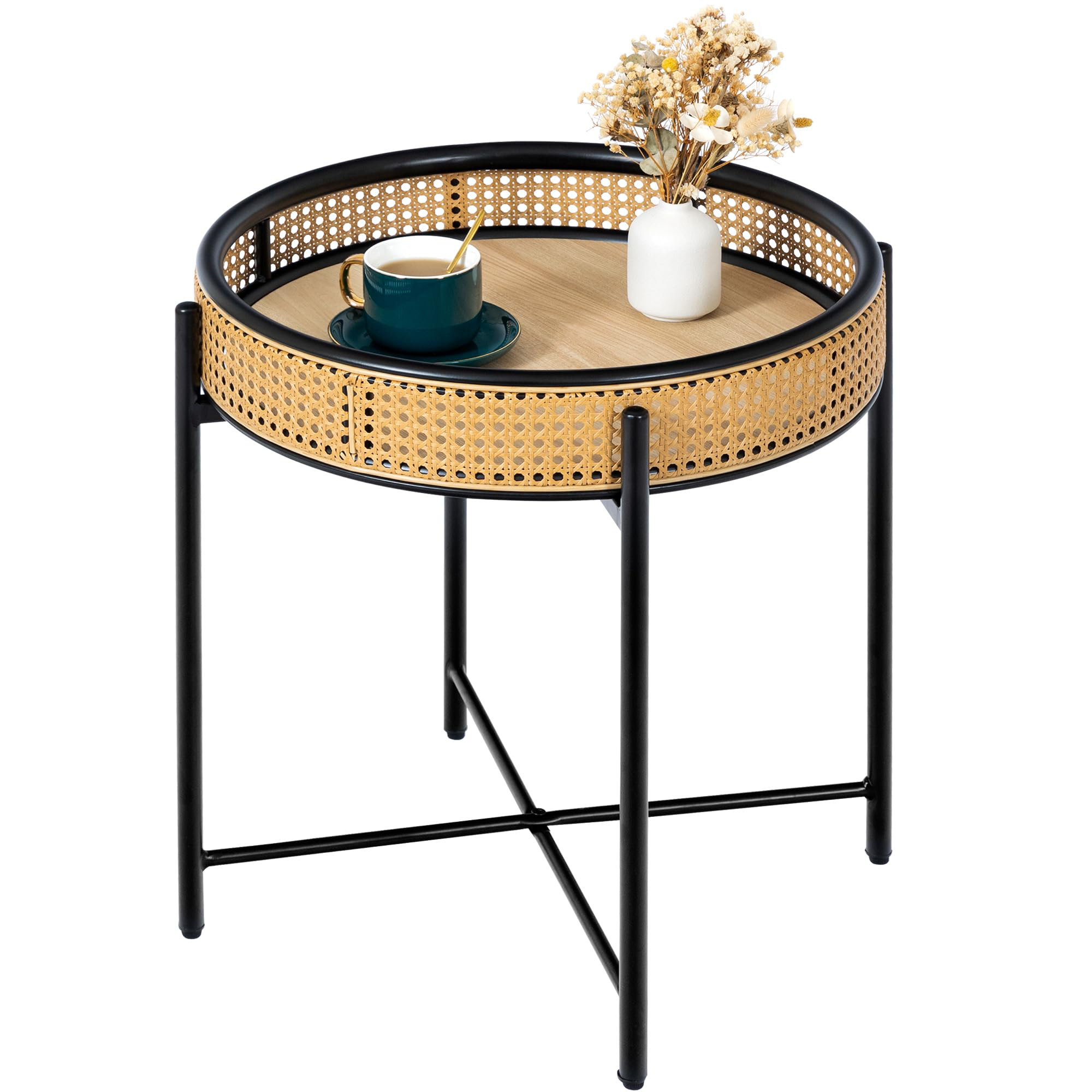 Bayou Breeze Round Rattan Side Table, Black End Table With Fenced Edge Wood Top And Metal Stand ...