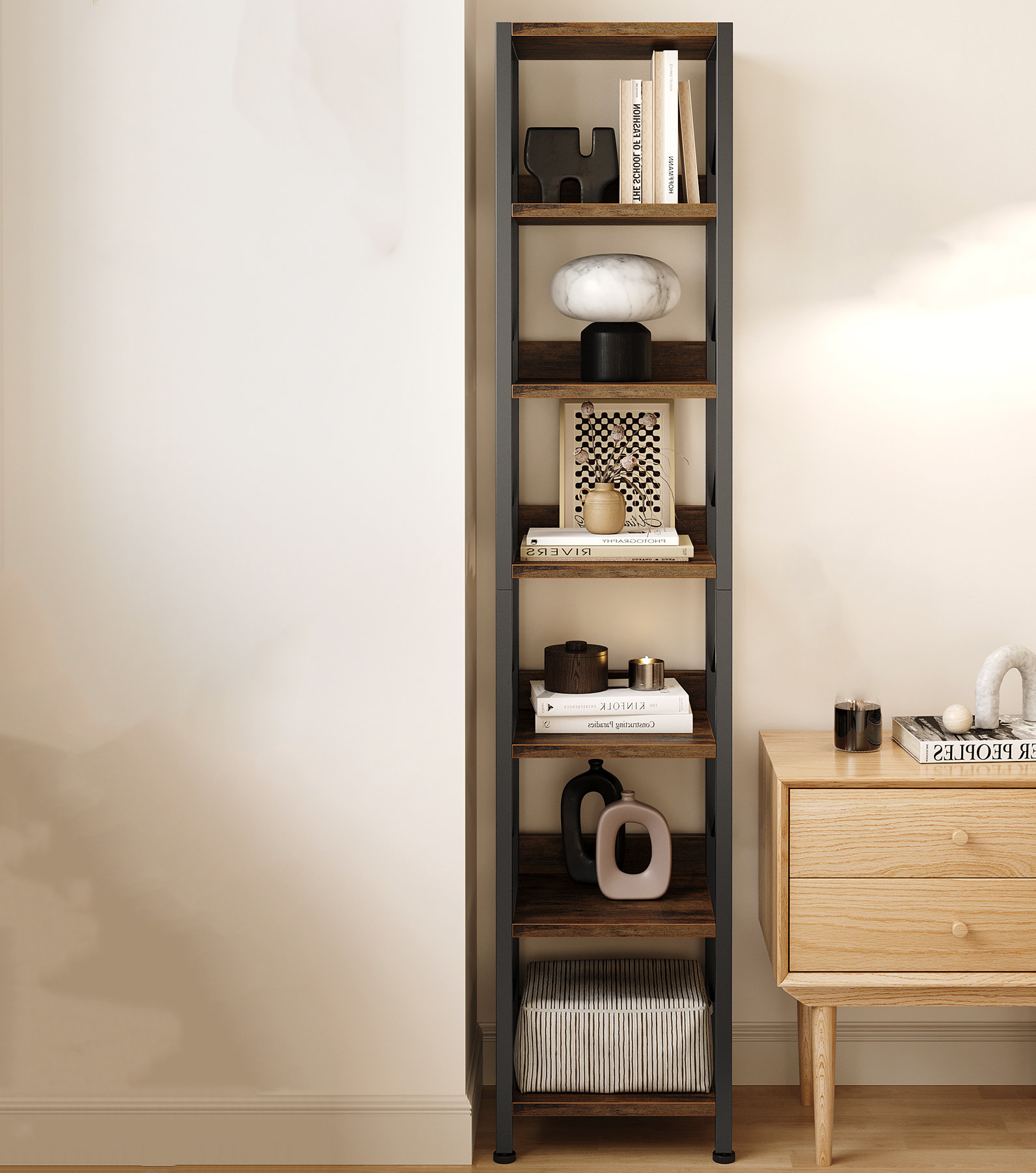 Blue Elephant Narrow Bookshelf Tall Skinny Bookcase 6 Tier Storage Rack ...