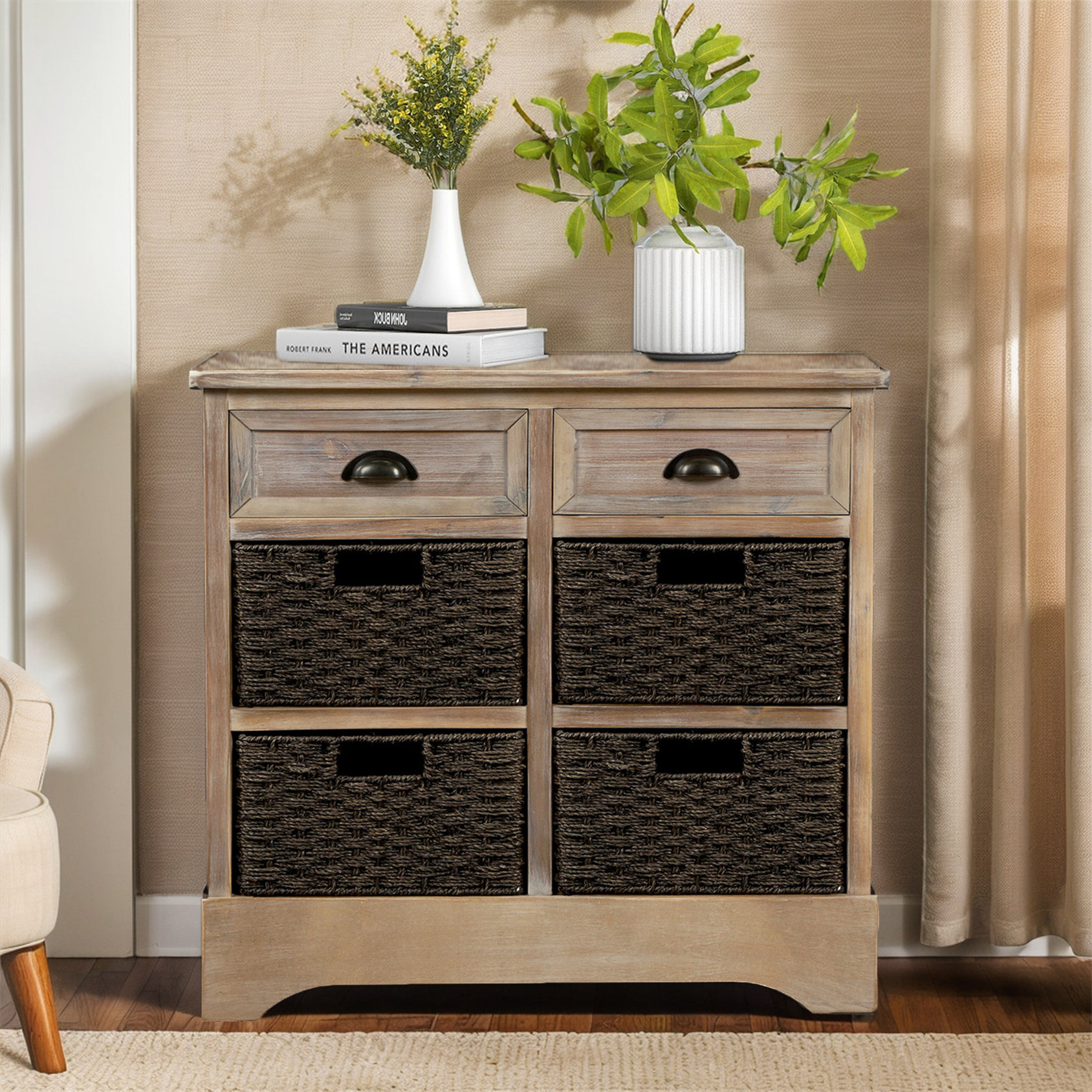 Winston Porter Farmhouse Sideboard With4 Rattan Basket | Wayfair