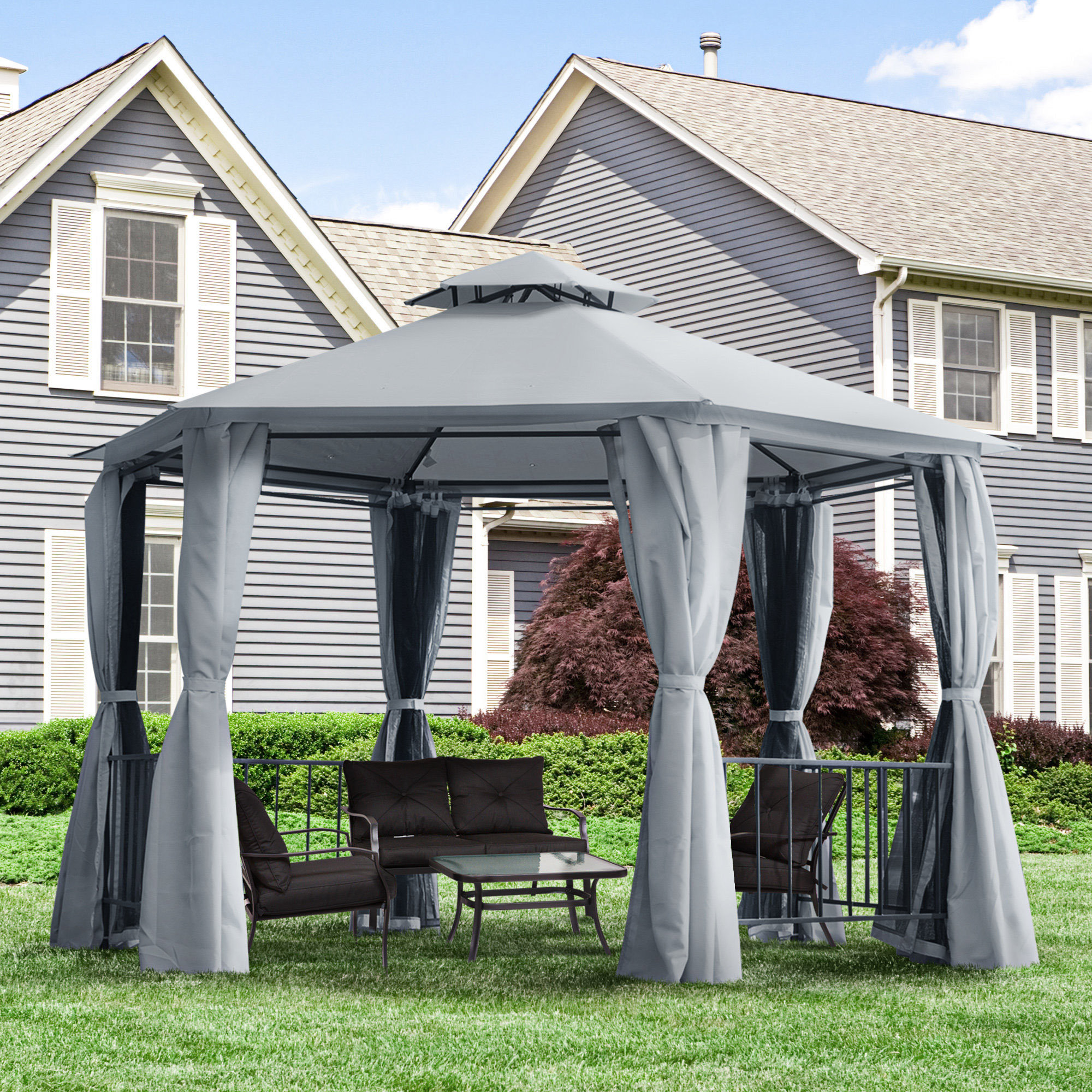 Arlmont & Co. Double Roof Hexagon Outdoor Gazebo Canopy Shelterwith ...