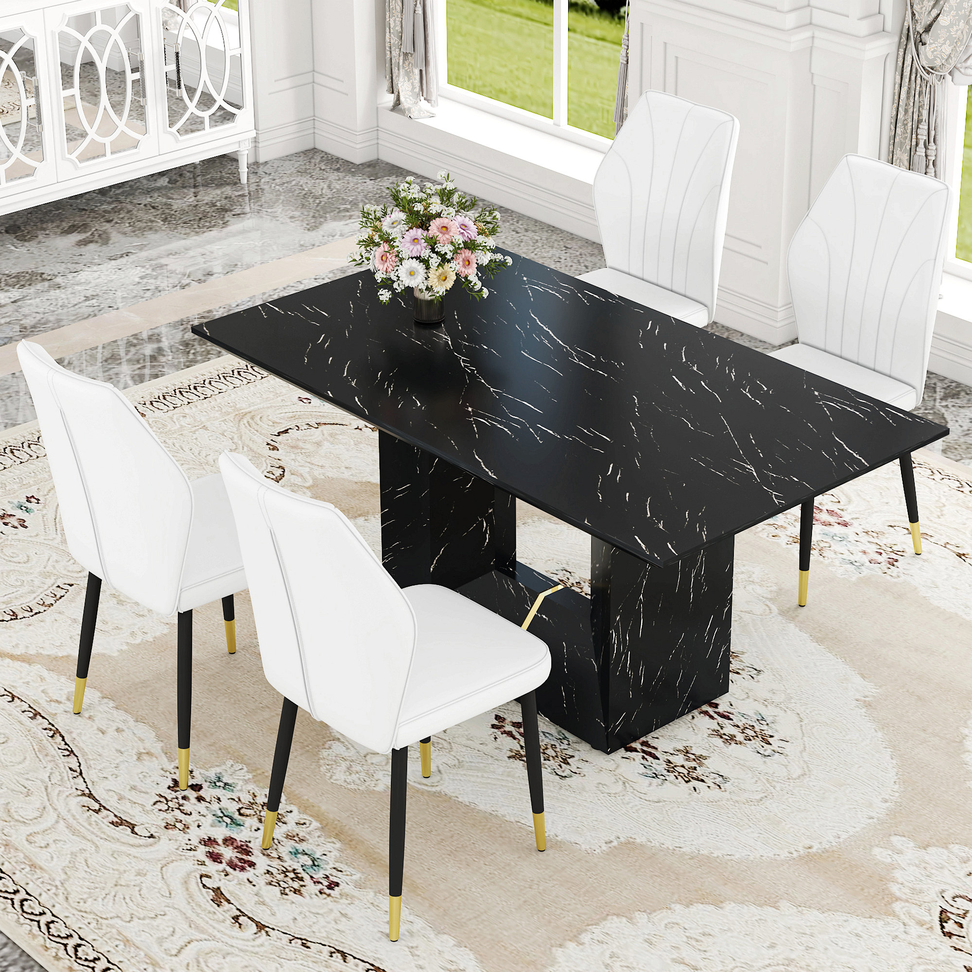 DAPPER DOODLES INC Table And Chair Set. Black Marble Pattern MDF Dining ...