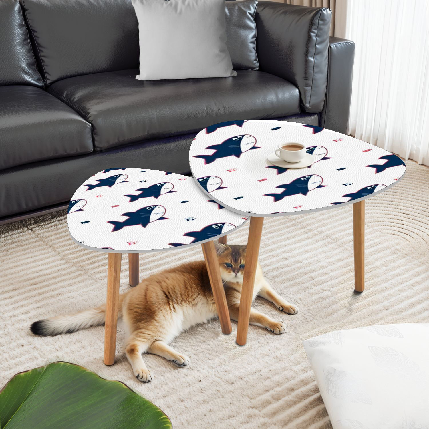 George Oliver Triangle Nesting Coffee Table Set of 2 Hand drawing shark ...