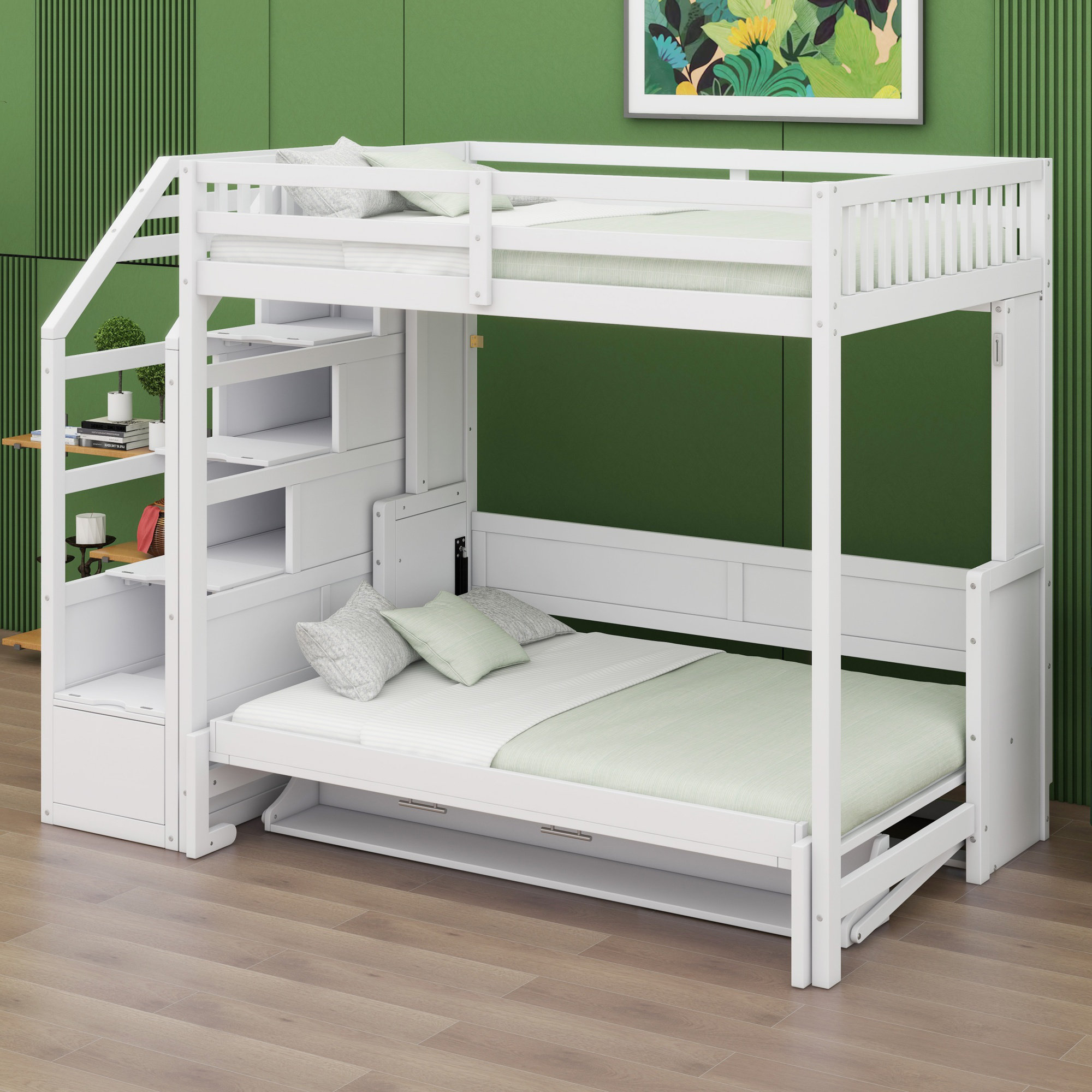 Hokku Designs Loft Bed With Storage Staircase And Murphy Bed, With LED ...
