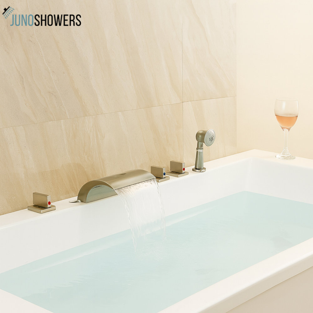 Juno Showers Modern Rectangle Triple Handle Waterfall Bathtub Faucet ...