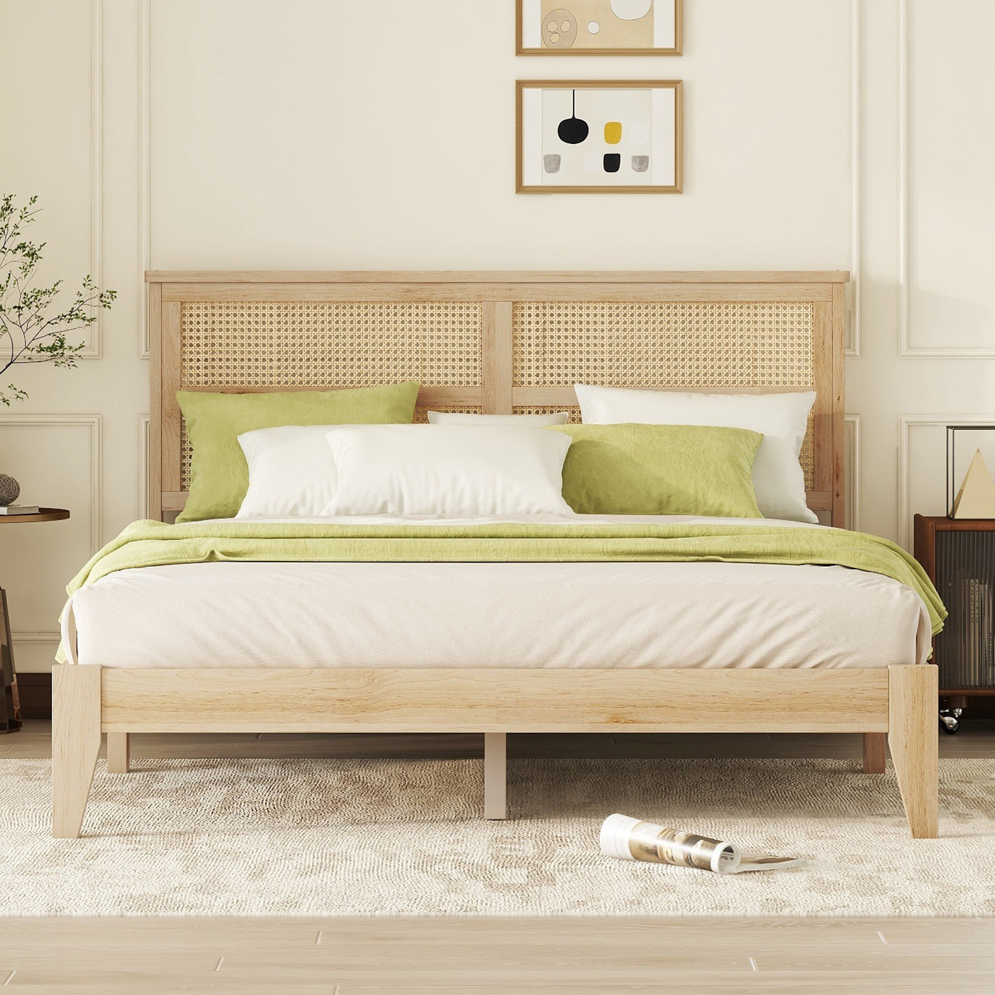 George Oliver Queen Size Rubber Wooden, Solid Wooden Bed With Rattan ...