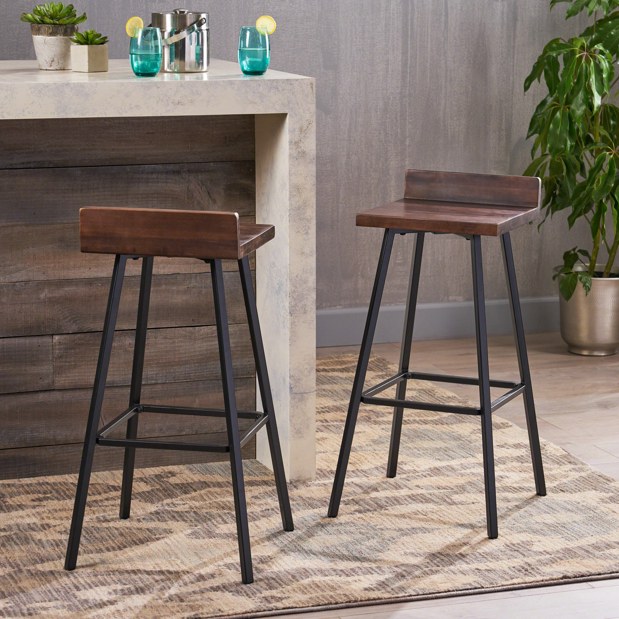 Ebern Designs Bidwell Contemporary Indoor Acacia Wood Bar Stools, Set ...