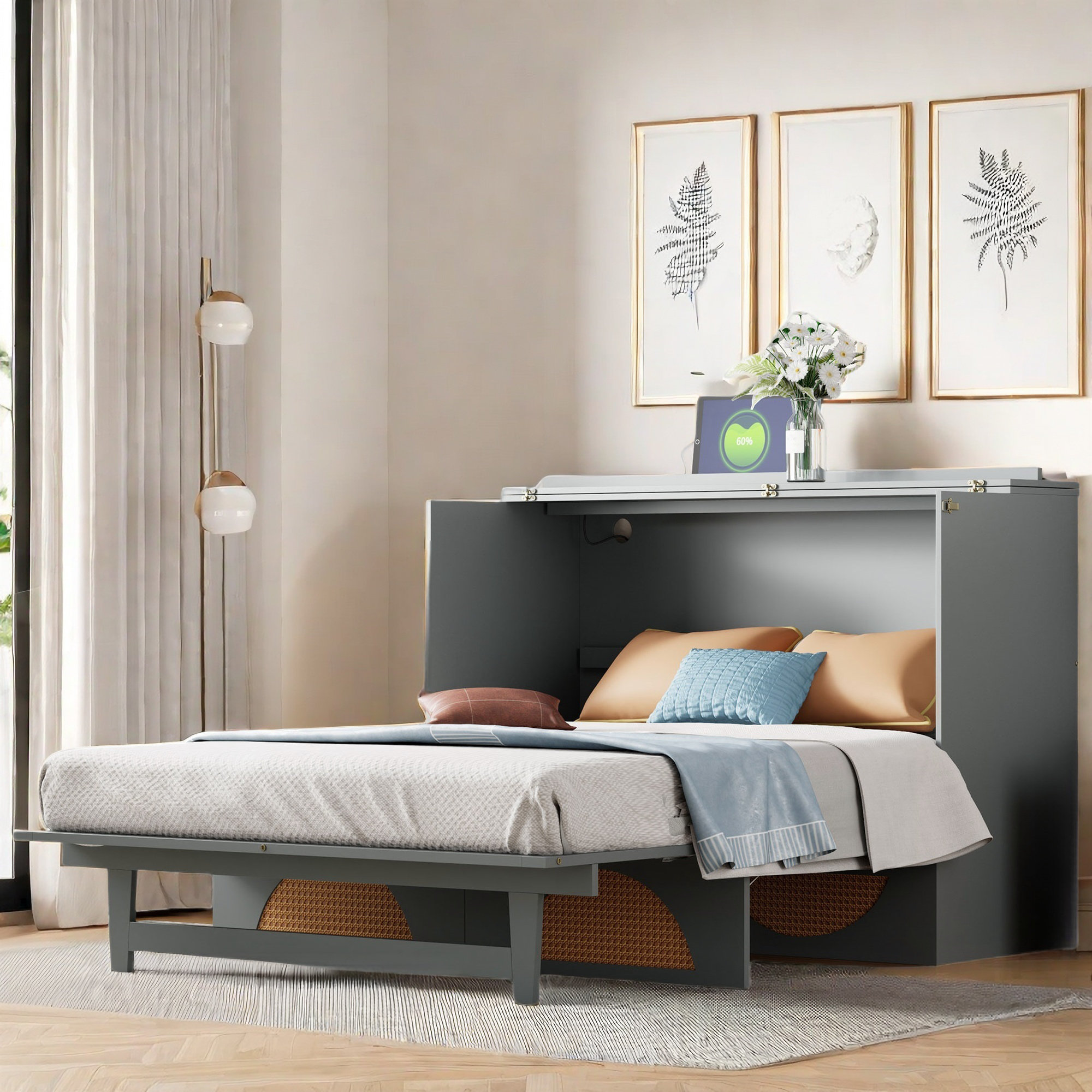 Gracie Oaks Murphy Bed With Large Drawer, Usb Ports And Outlets, Half ...