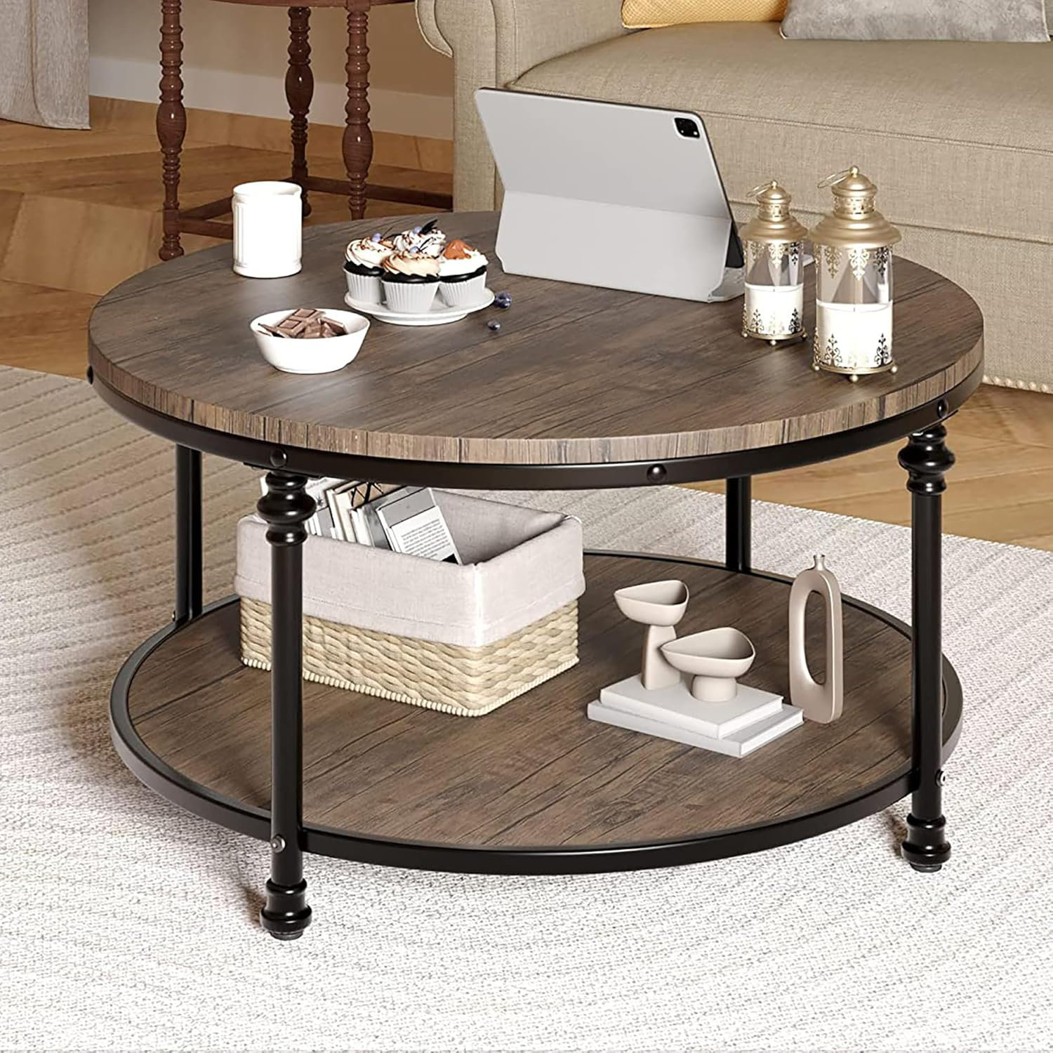 Charlton Home® Round Coffee Table Rustic Center Table with Storage ...