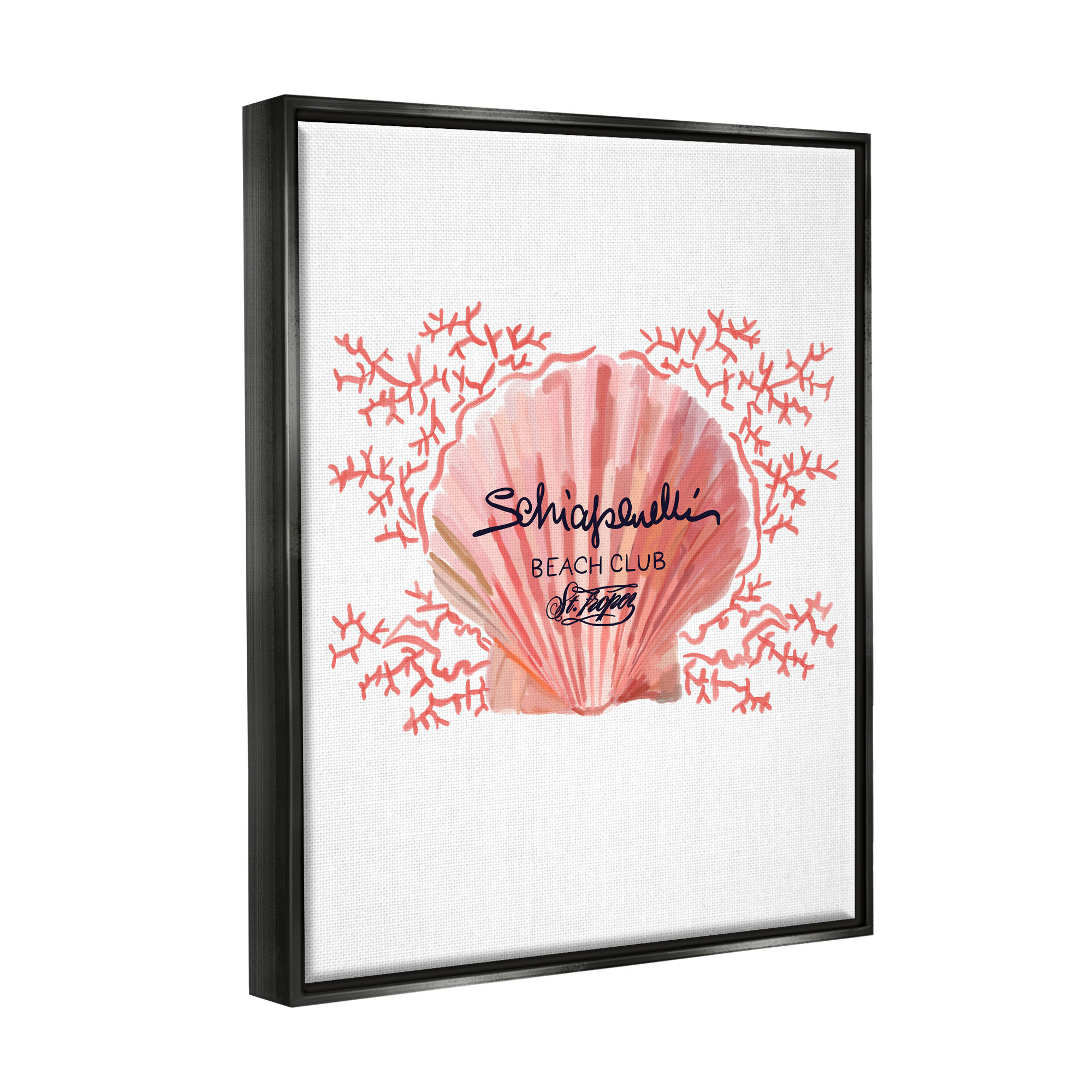 Stupell Industries Pink Beach Club Shell Framed Floater Canvas Wall Art ...