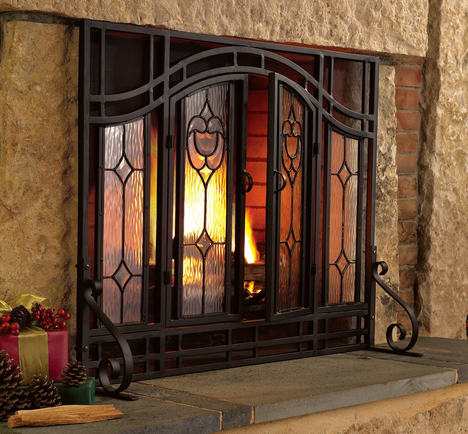 Plow & Hearth Two-Door Fireplace Screen with Tempered Glass Floral ...