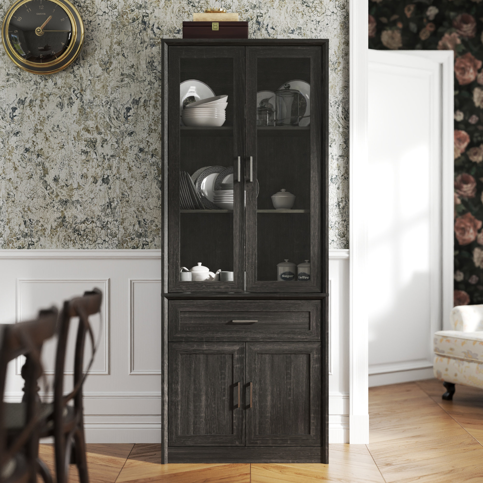 Gracie Oaks Large Storage Dining Cabinet With Glass Doors & Drawer ...