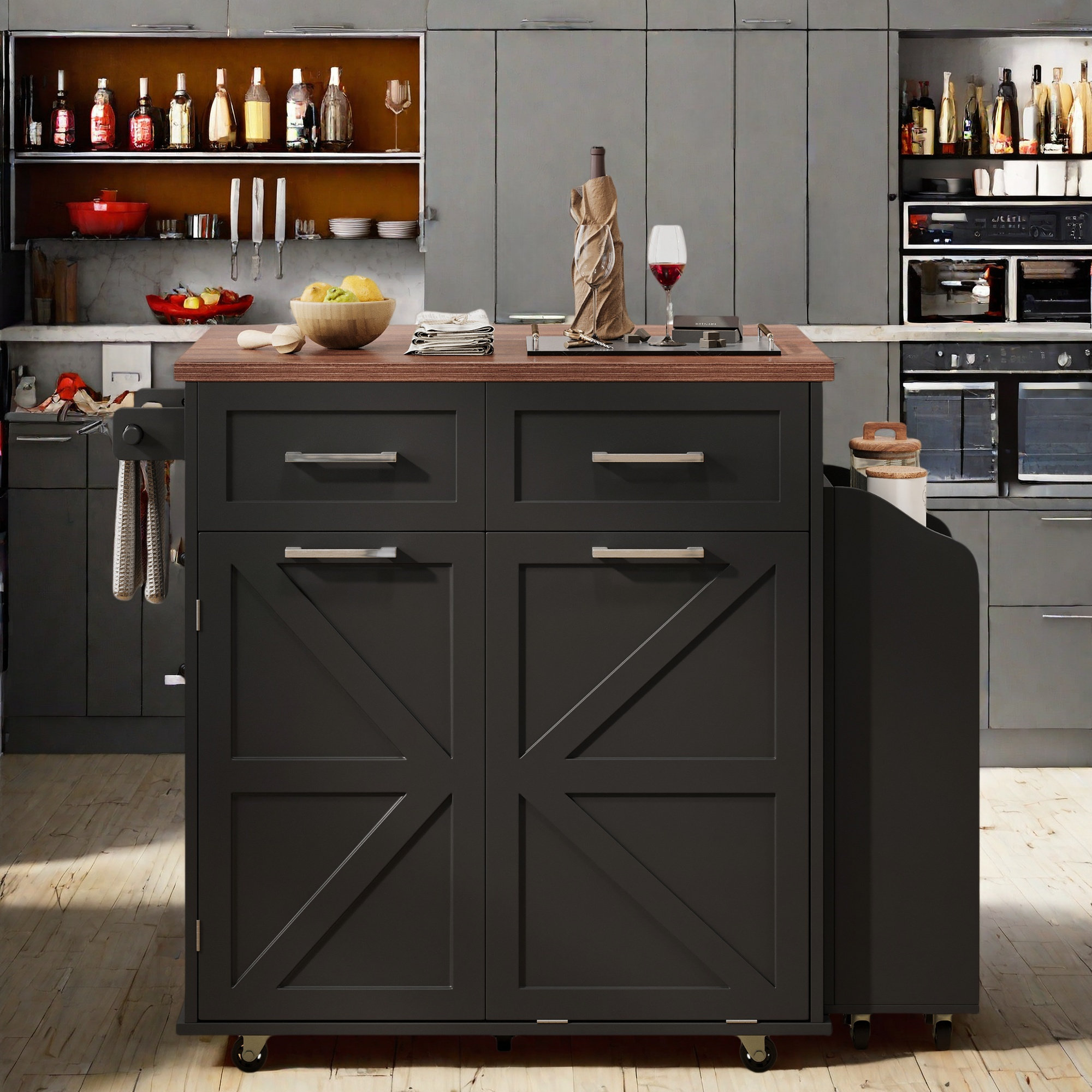 Gracie Oaks Farmhouse Kitchen Island With Drop Leaf, Removable Side Racks, 2 Drawers, Towel Rack ...