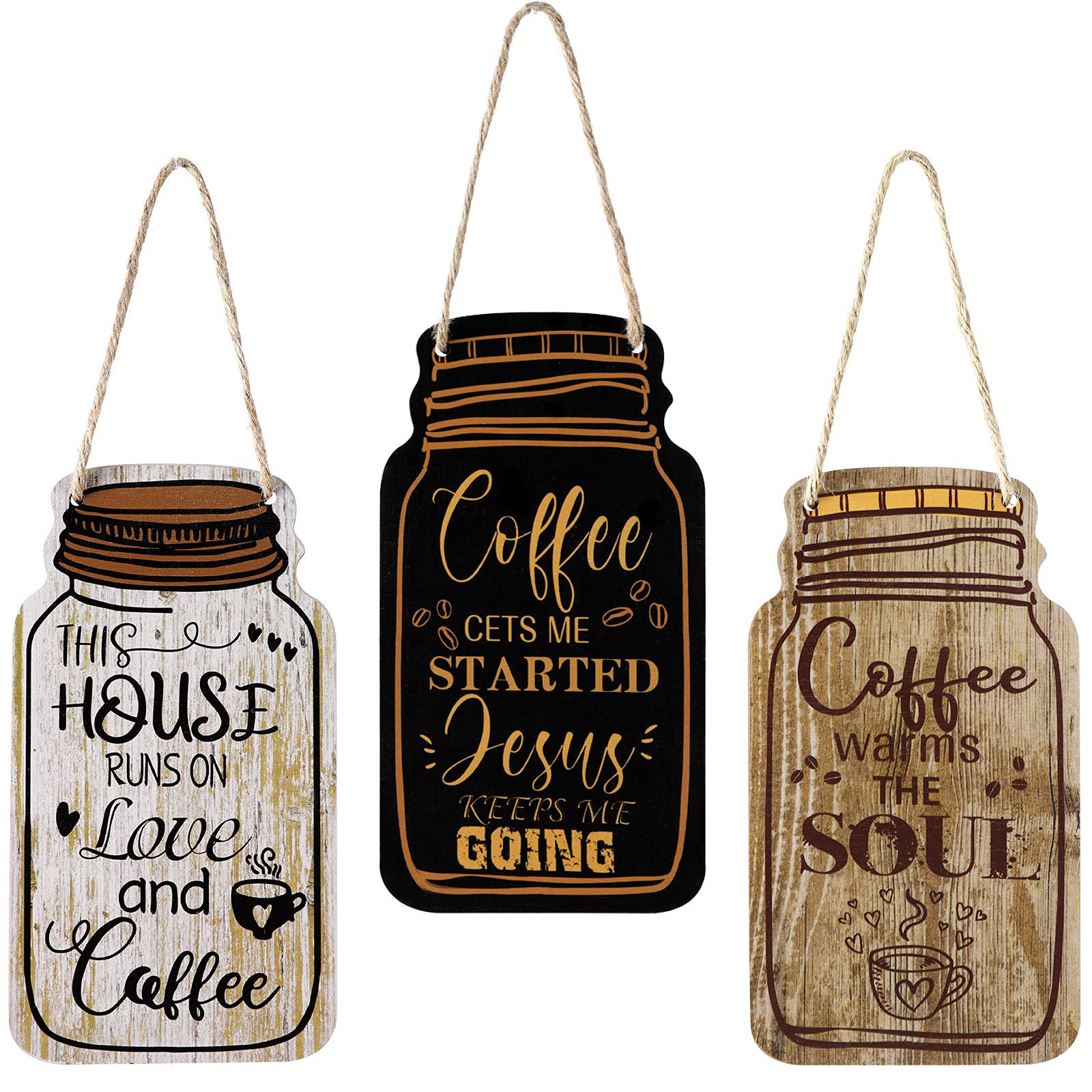 BOJUNTAN 3 Pcs Coffee Bar Decor Sign Mason Jar Wall Hanging Plaque ...