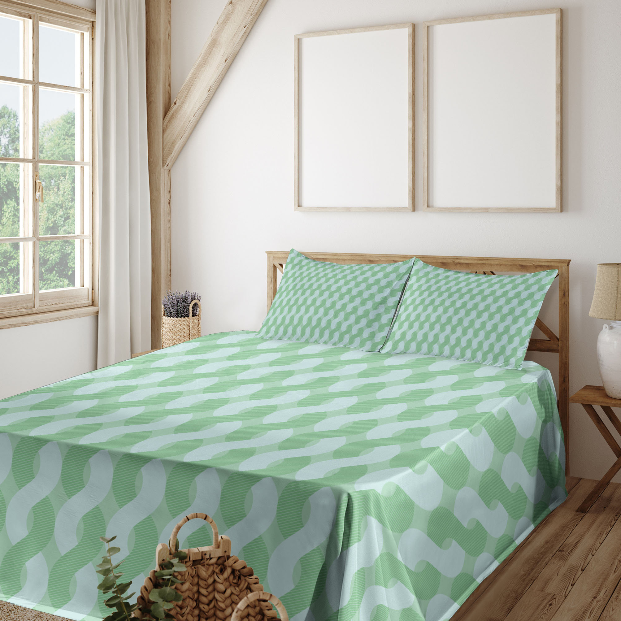 Ambesonne Japanese Sheet Set Overlapping Zigzag Retro Laurel Green and ...