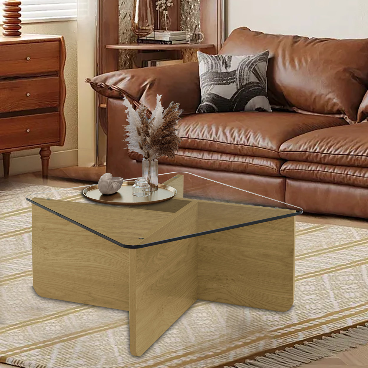 George Oliver Modern Glass-Top Coffee Table with Cross Wood Base, Clear ...