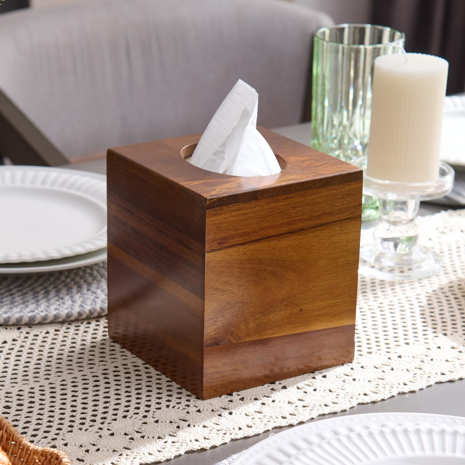 Latitude Run® Acacia Wood Tissue Box Cover, Square Wooden Tissue Holder ...