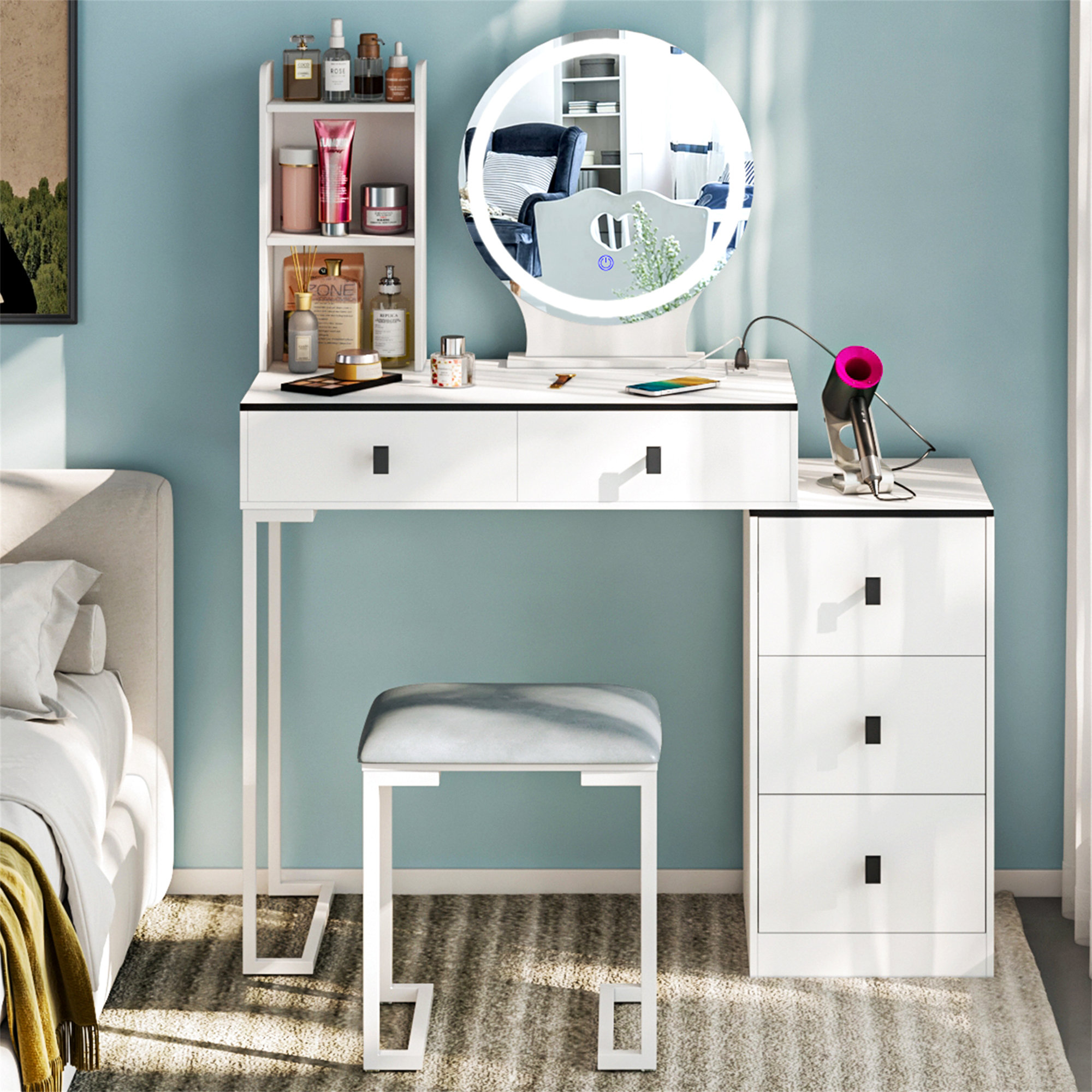 Wrought Studio Dressing Table With Mirror And Stool, Vanity Table Set ...