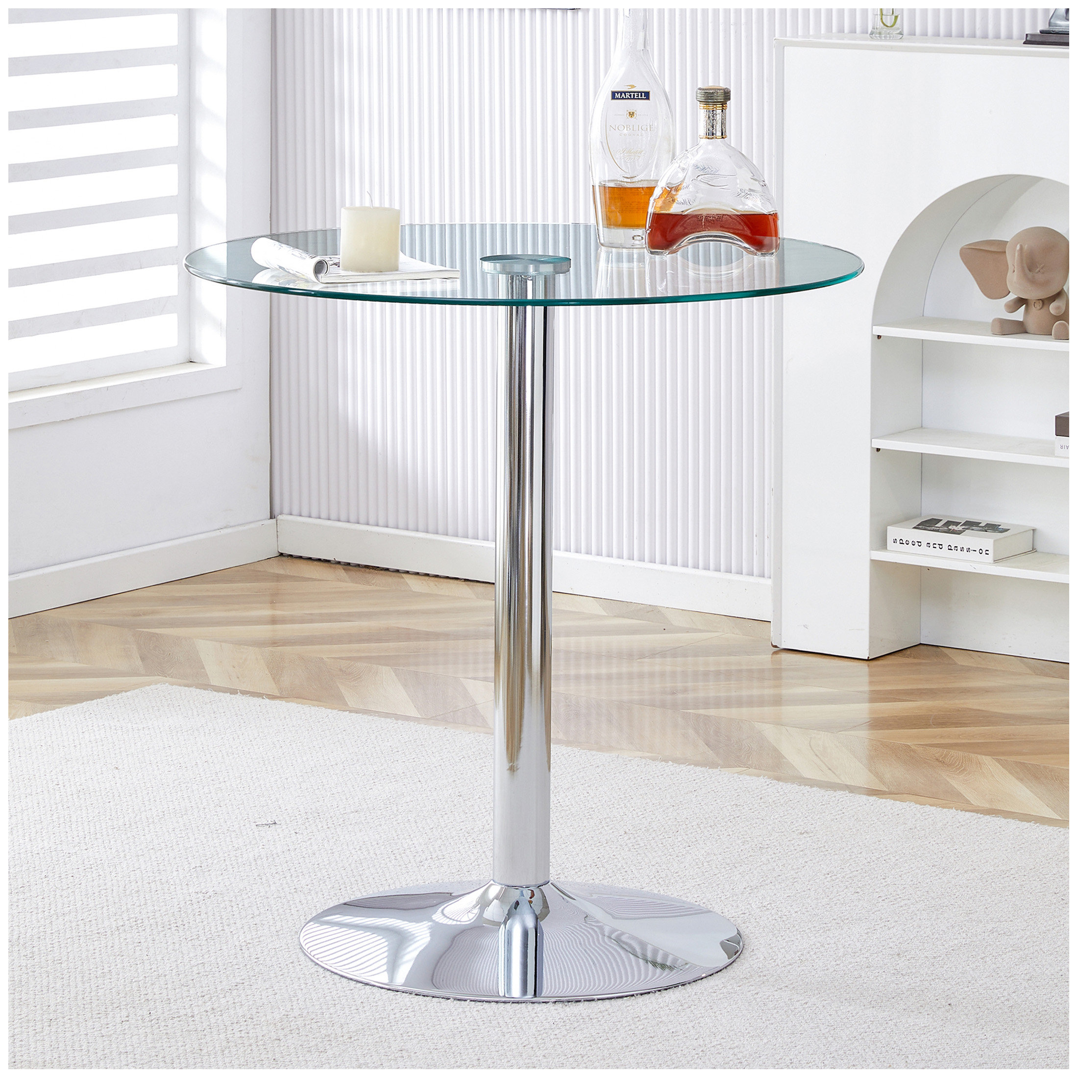 Ivy Bronx A 42-inch diameter glass top and a modern, minimalist round ...