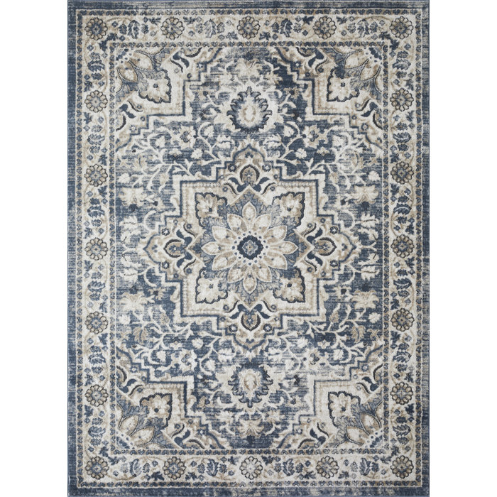 Charlton Home® Aldophe Machine Woven Performance Blue/Cream Rug ...