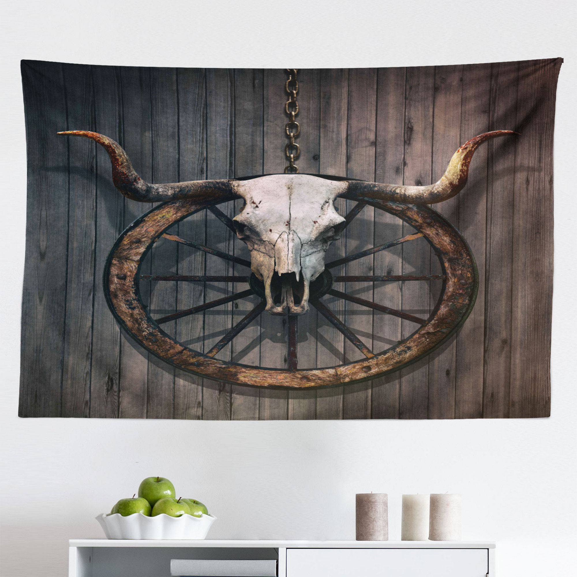 East Urban Home Ambesonne Barn Wood Wagon Wheel Tapestry, Long Horned ...