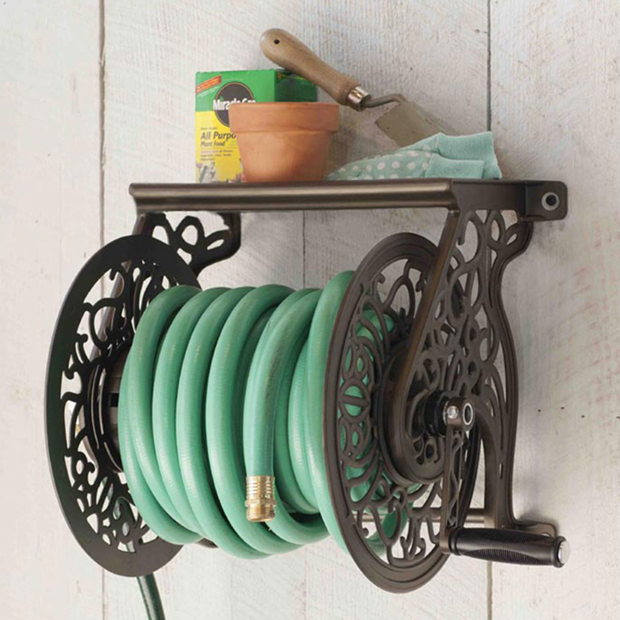Liberty Garden 125 Foot Steel Decorative Garden Hose Wall Mounted Reel ...