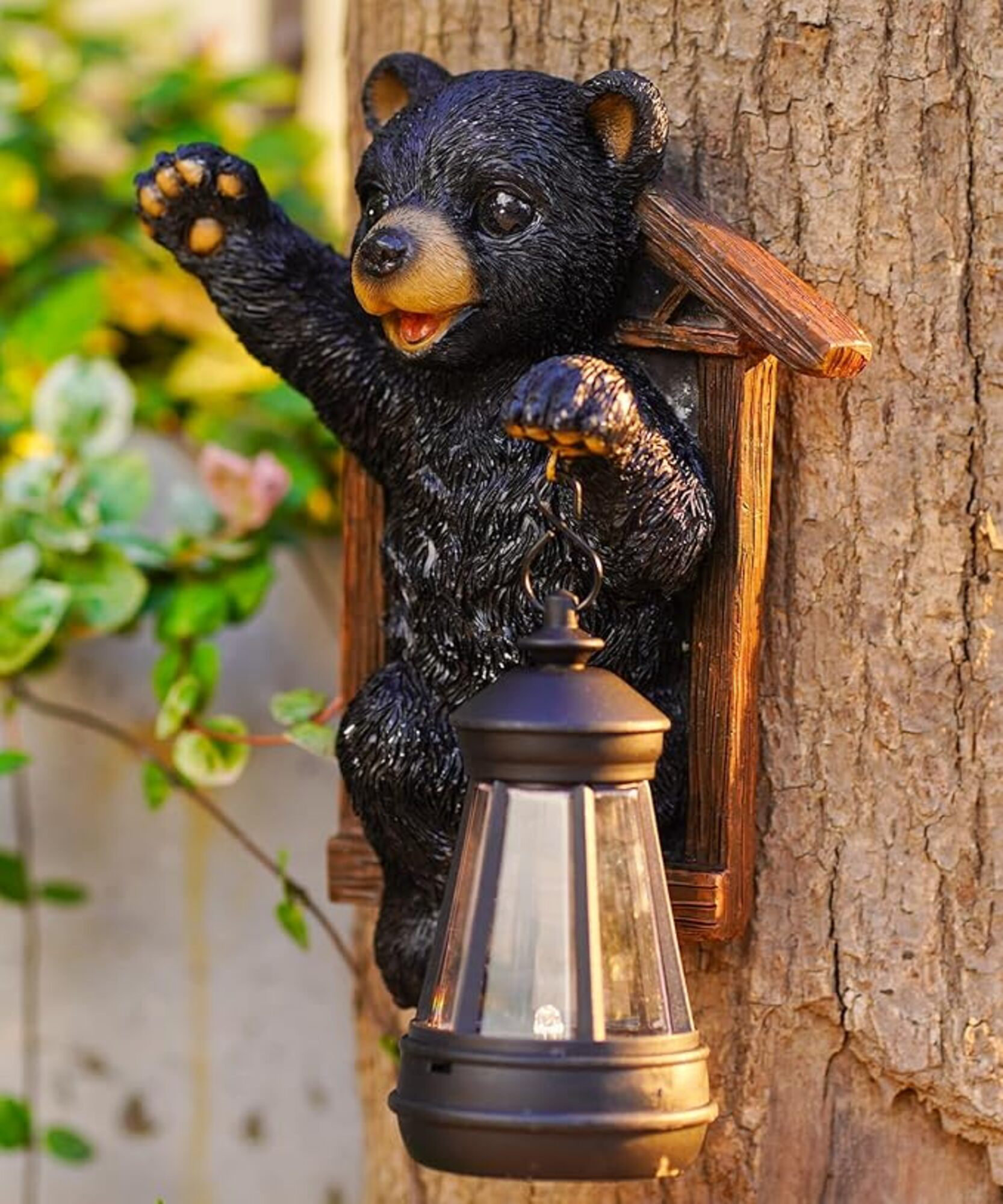 Trinx Bear Tree Hugger With Solar Lantern - Resin Bear Statue For ...