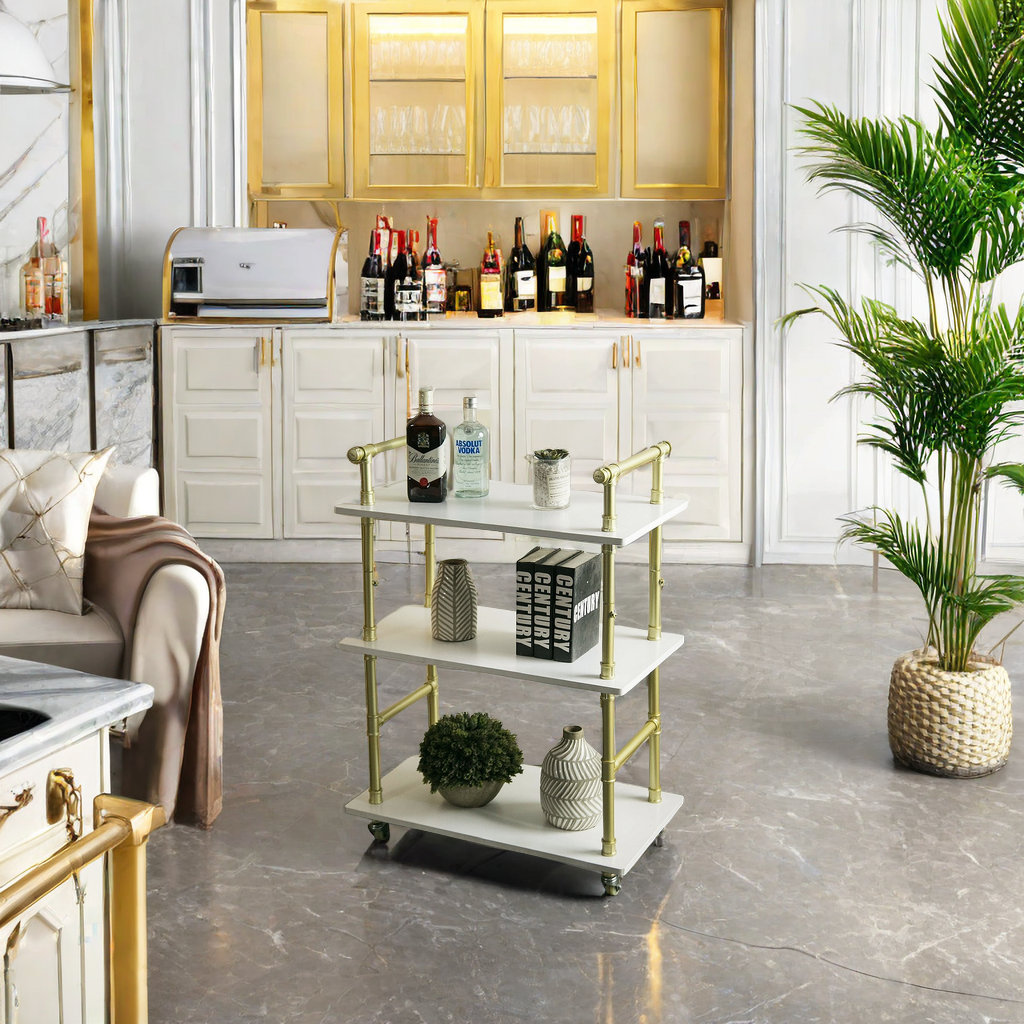 House of Hampton® Gold Bar Cart With 3 Tiers For Stylish Storage, Wine ...