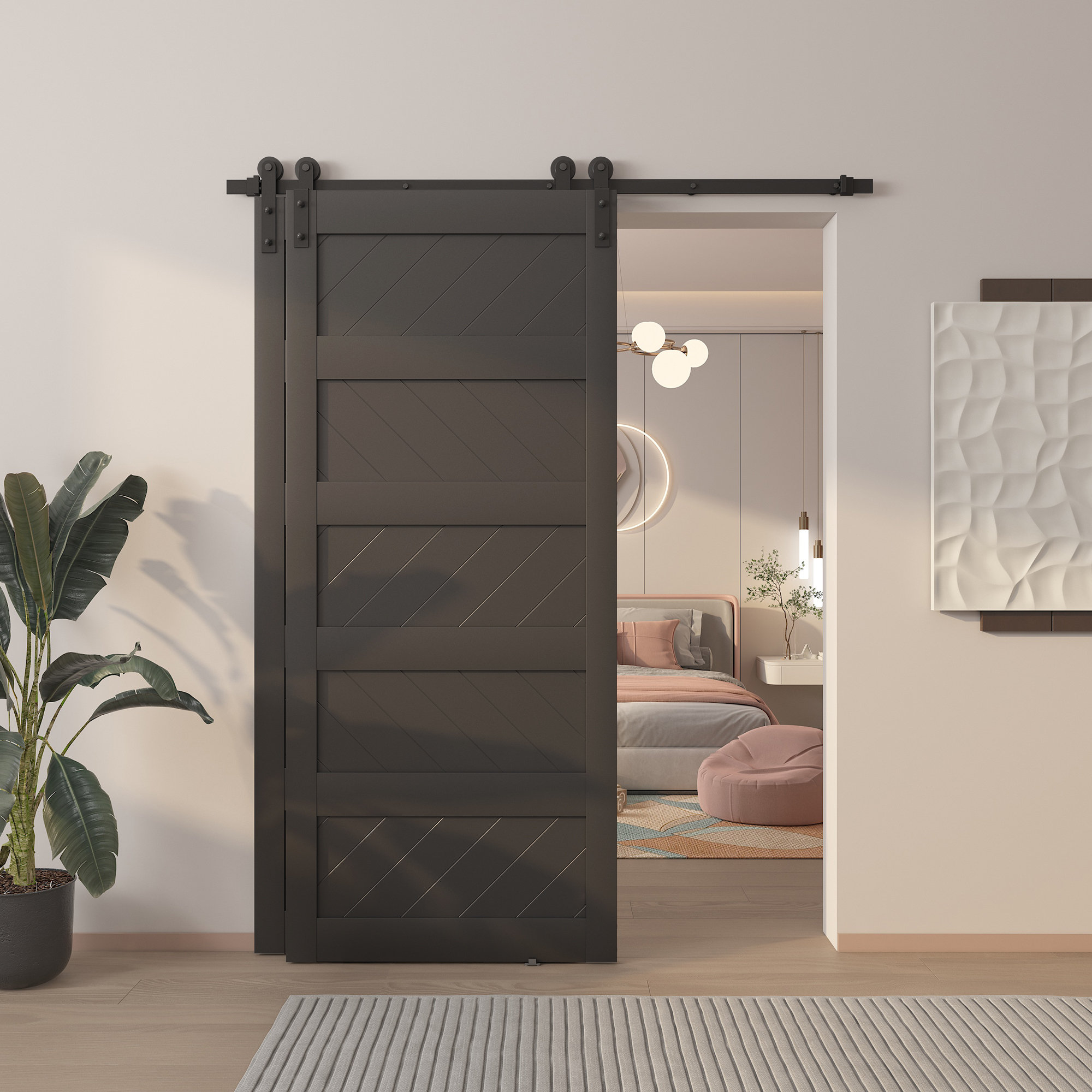 JUBEST Manufactured Wood Paneled Wave Design Bypass Barn Door Double ...