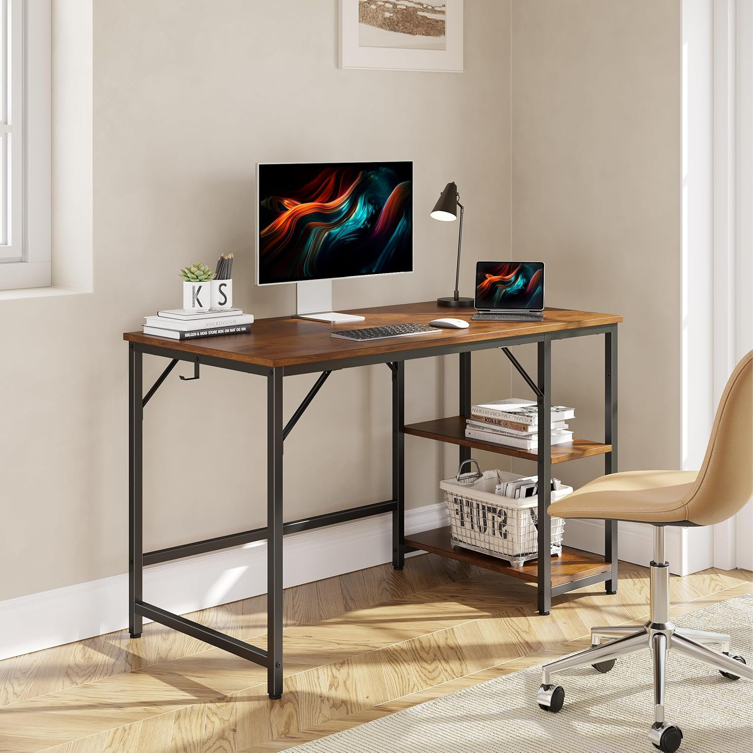 17 Stories Home Office Computer Desk With Wooden Storage Shelf, Office ...