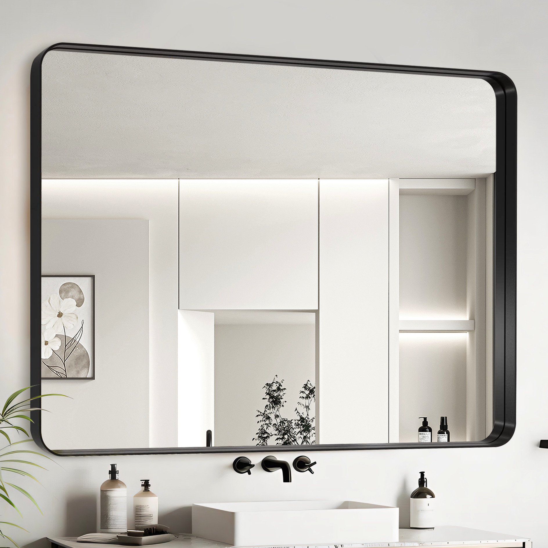 Latitude Run® Bathroom Mirror 40x30 Inch Black Aluminium Frame With Hd ...