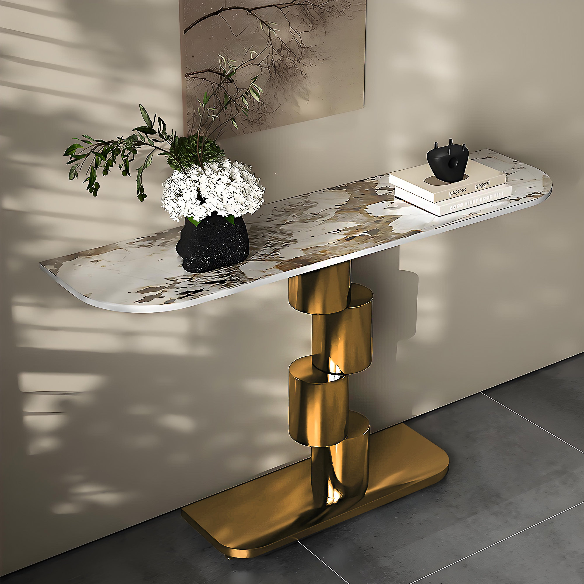 Everly Quinn Modern Minimalist Luxe Entryway Table, Sintered Stone ...