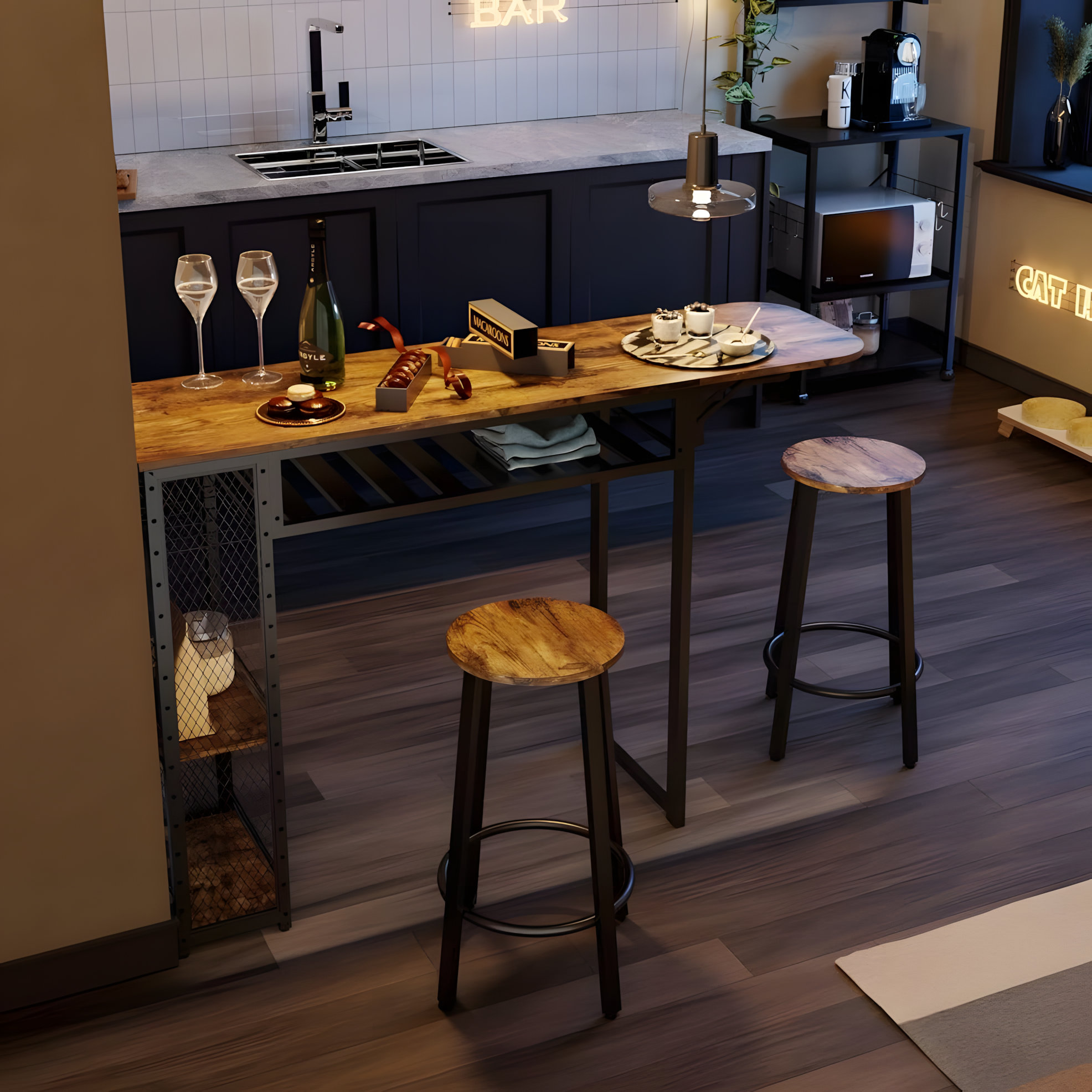 17 Stories Industrial Expandable Bar Table Set With 2 Stools, Wine Rack ...