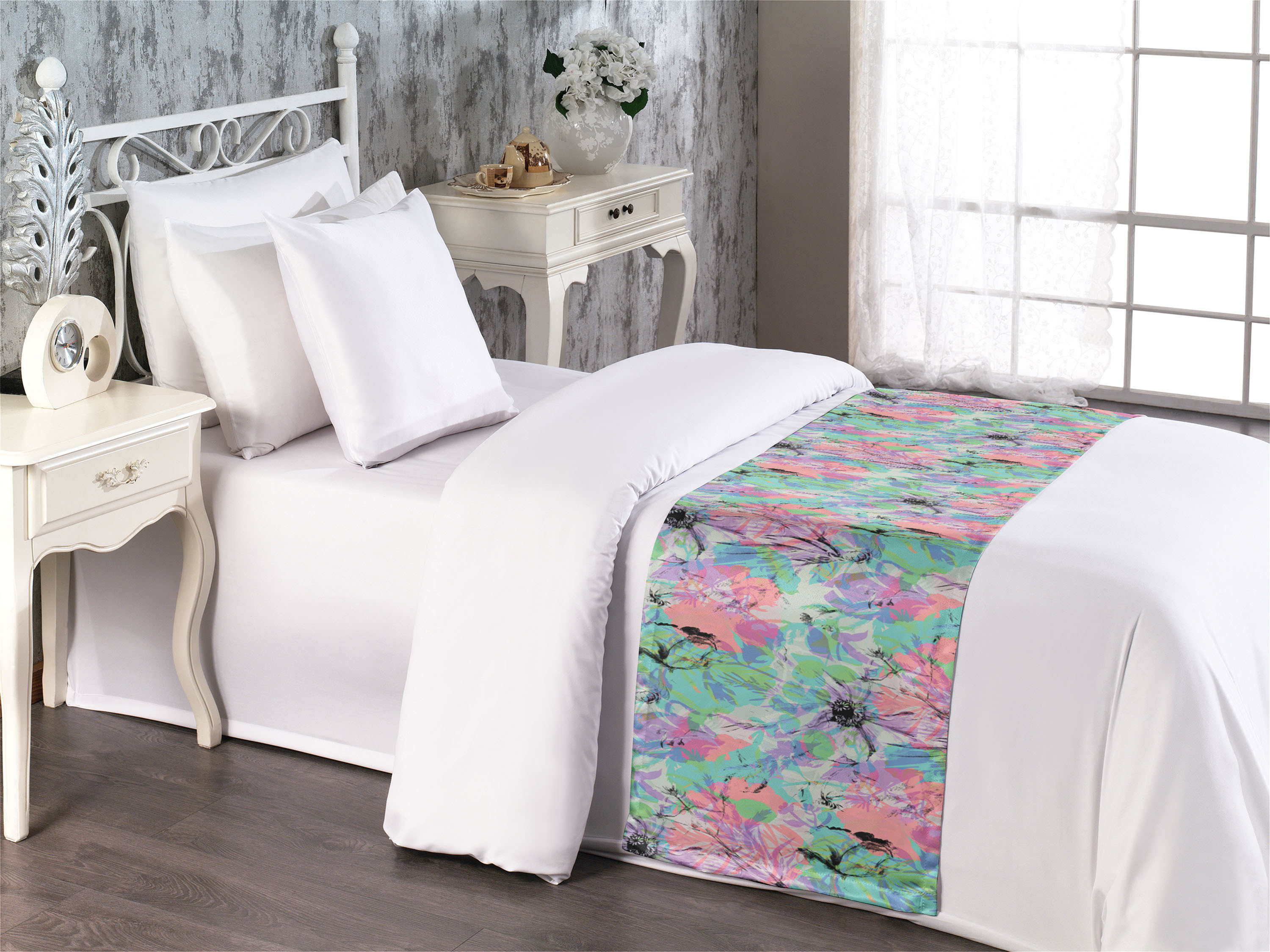 Ambesonne Floral Bed Scarf Runner Psychedelic Jumble Flowers Turquoise ...