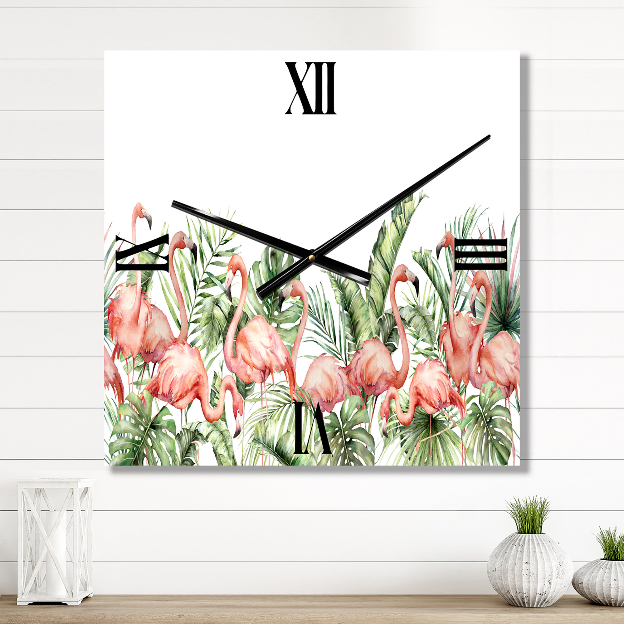 East Urban Home Flamingos and Palm Leaves and Tropical Birds Wall Clock ...