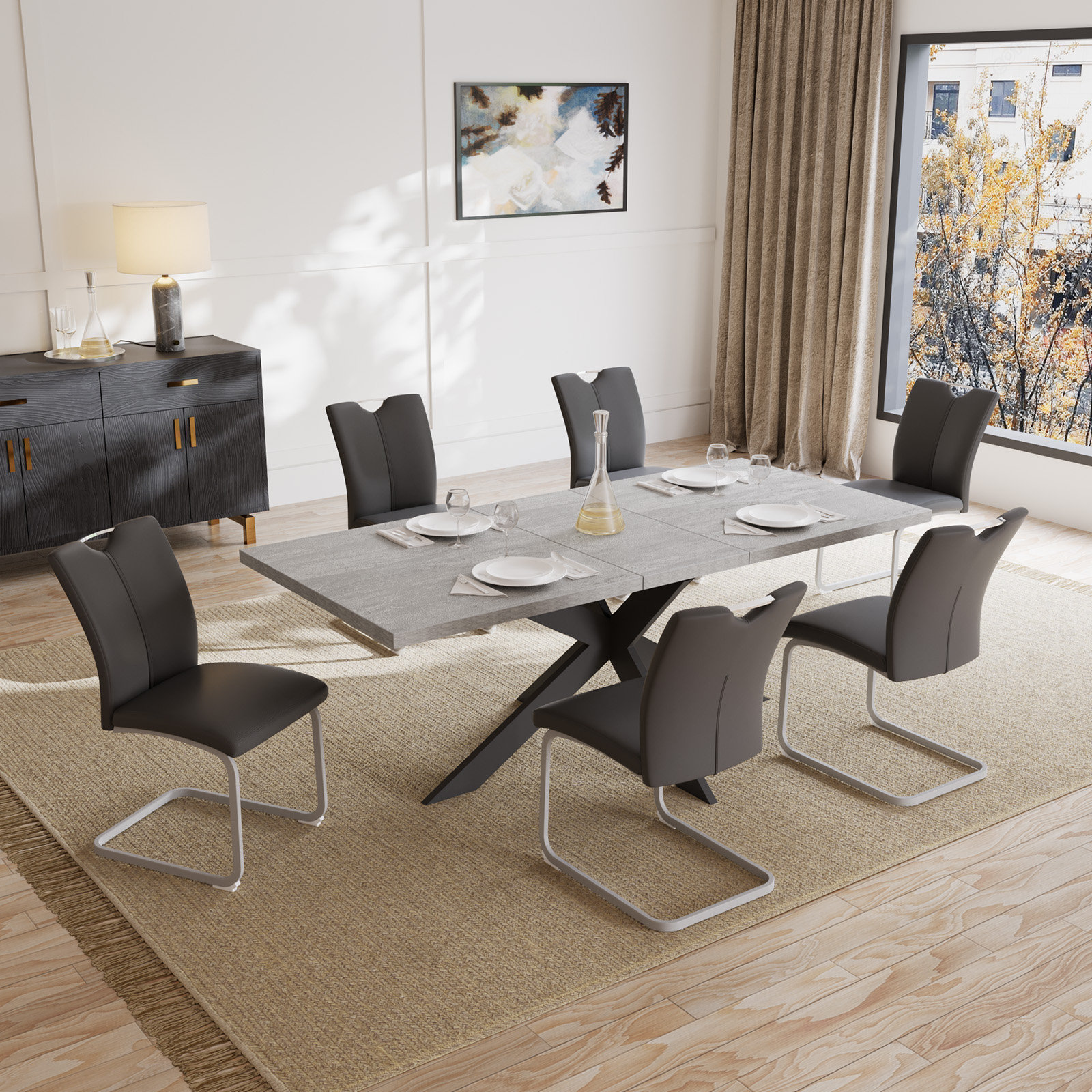 Ivy Bronx Liubomila 66.9 in. Extendable Rectangle Dining Table Set Wooden Table with 6 Dining ...