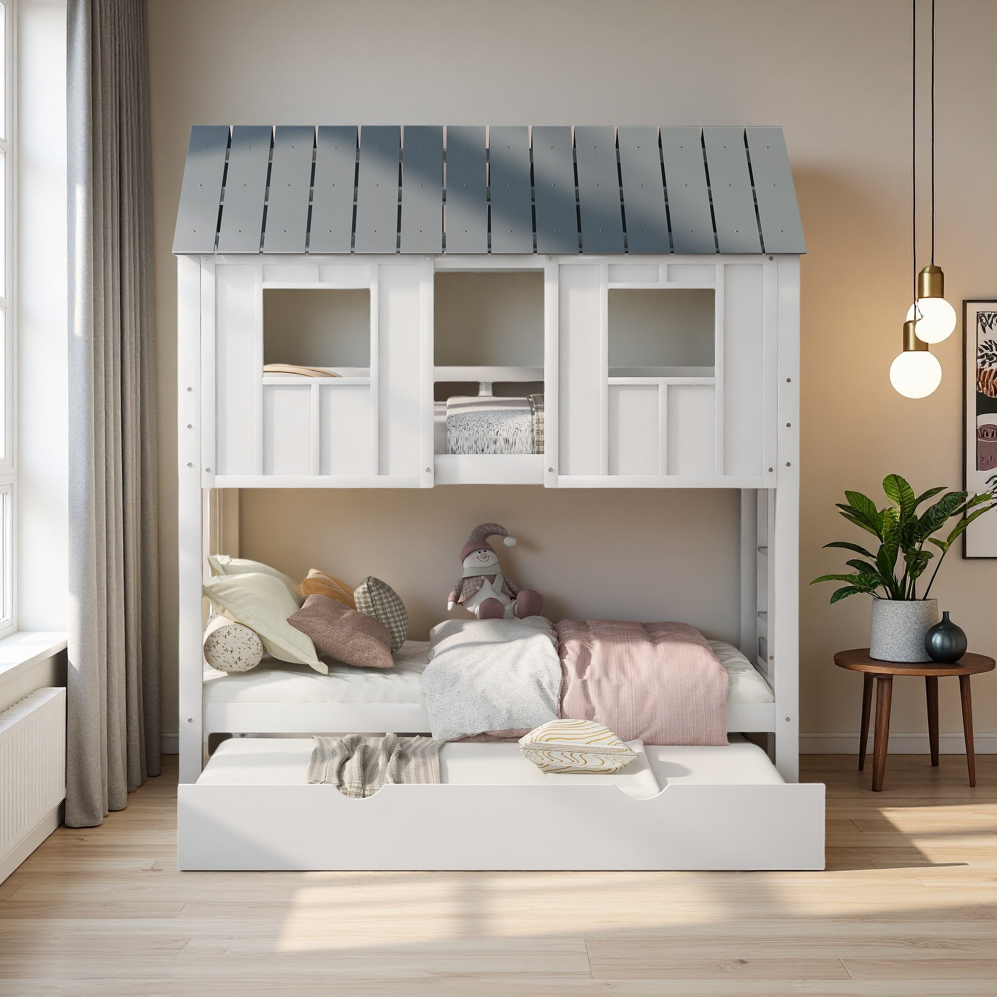 Harper Orchard Twin Size House Bunk Bed With Trundle,Roof And Windows ...