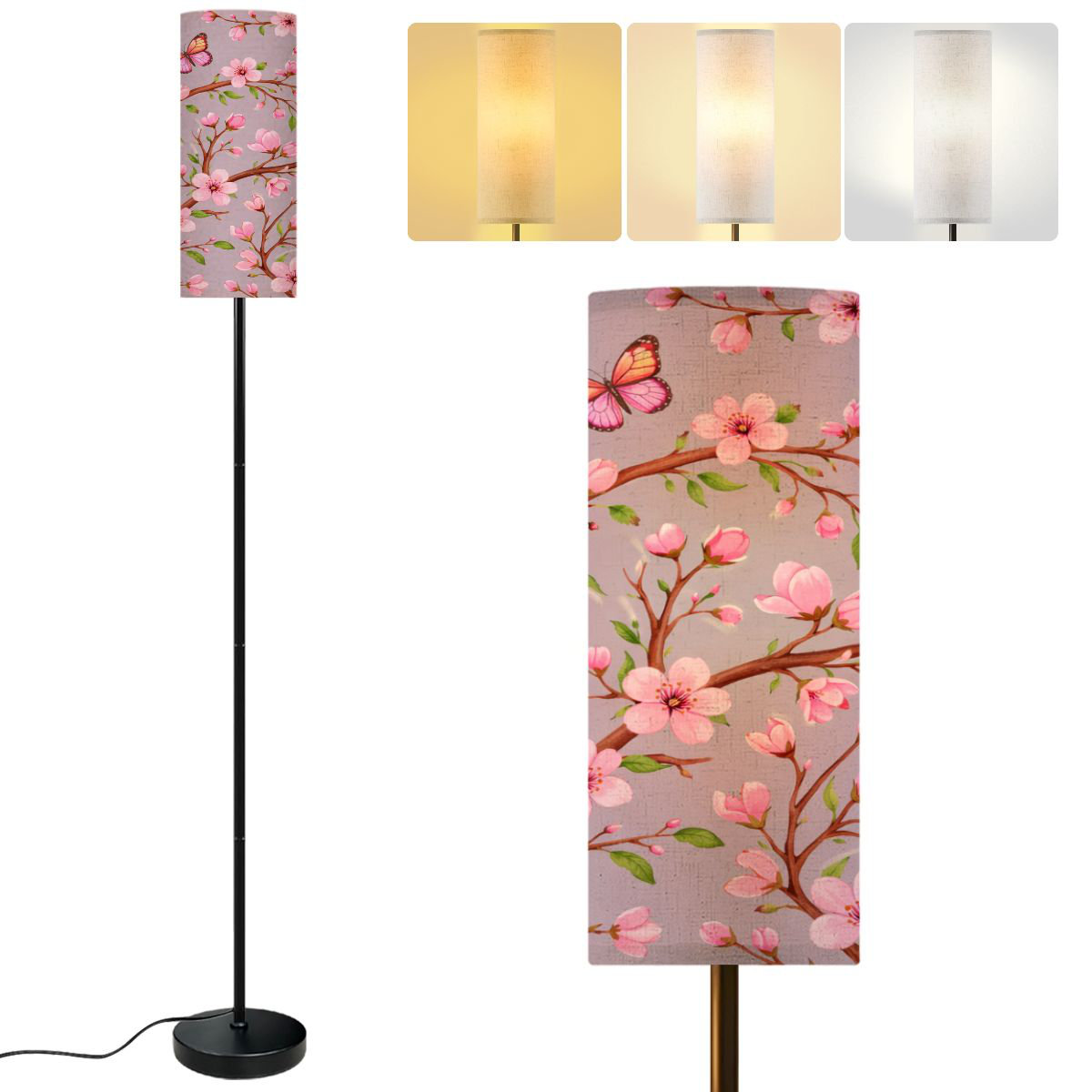 East Urban Home 68.5" Standing Floor Lamp Japanese pink cherry blossom ...