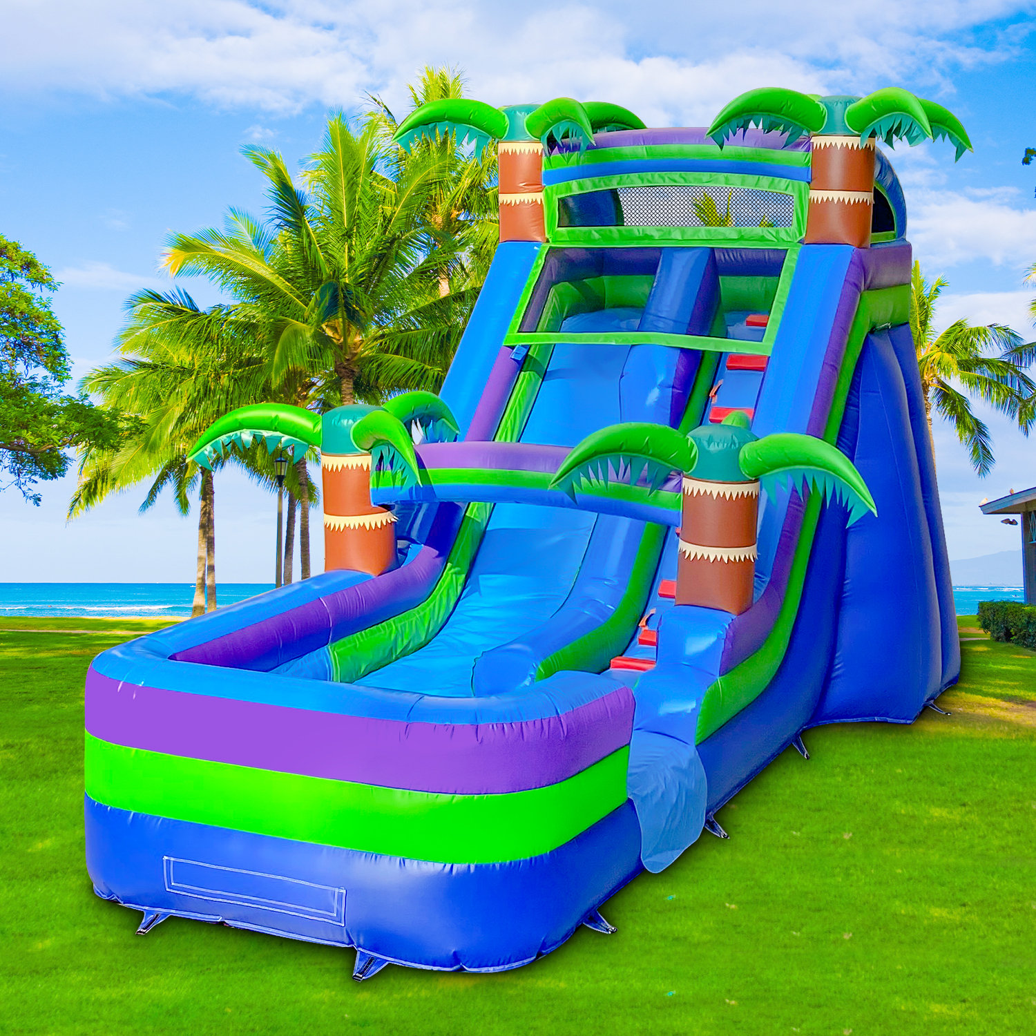 Goosh 13' X 21' Purple Tropical Palm Tree Inflatable Water Slide With ...