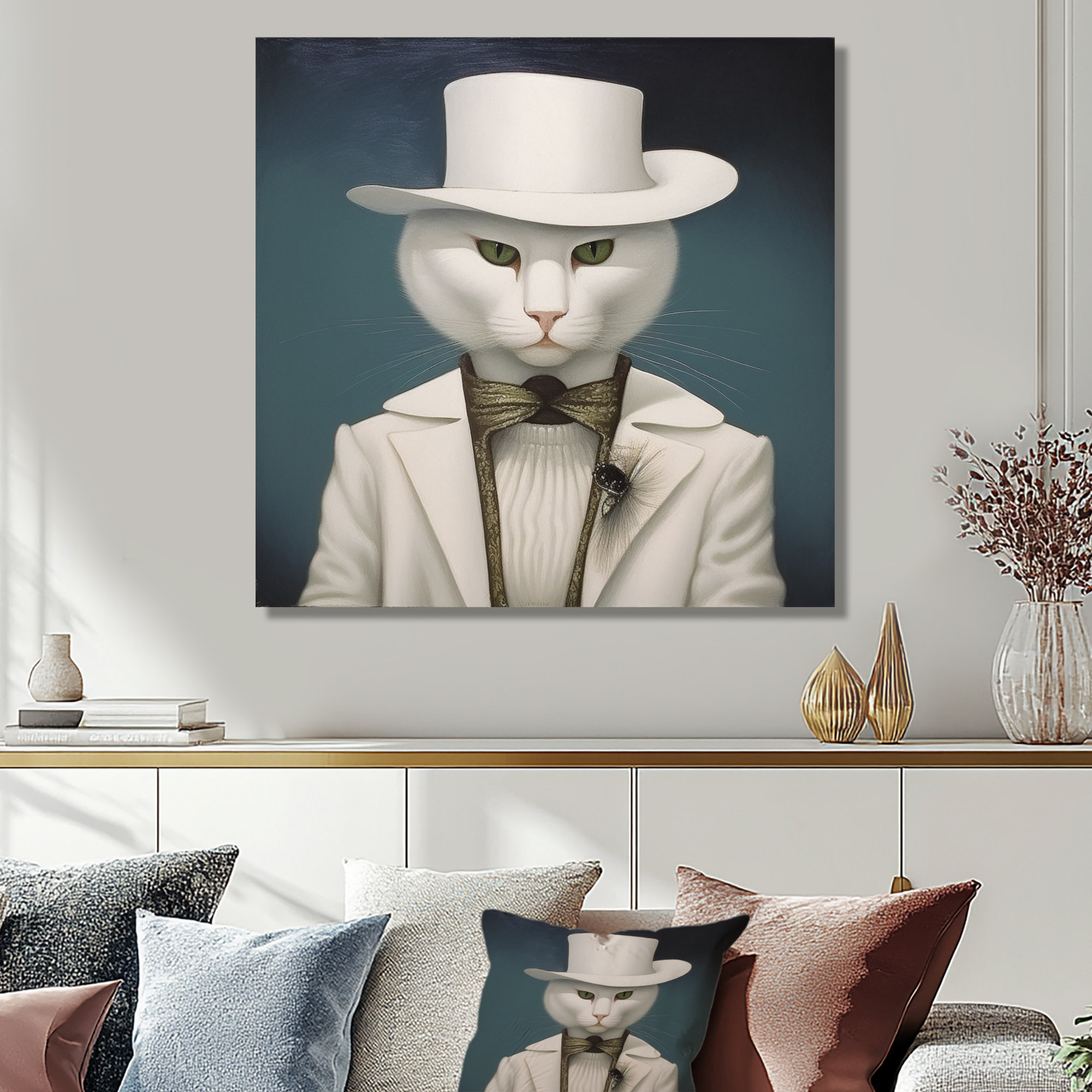 Trinx Fancy White Cat In Suit With White Hat - Cat Wall Art Print | Wayfair