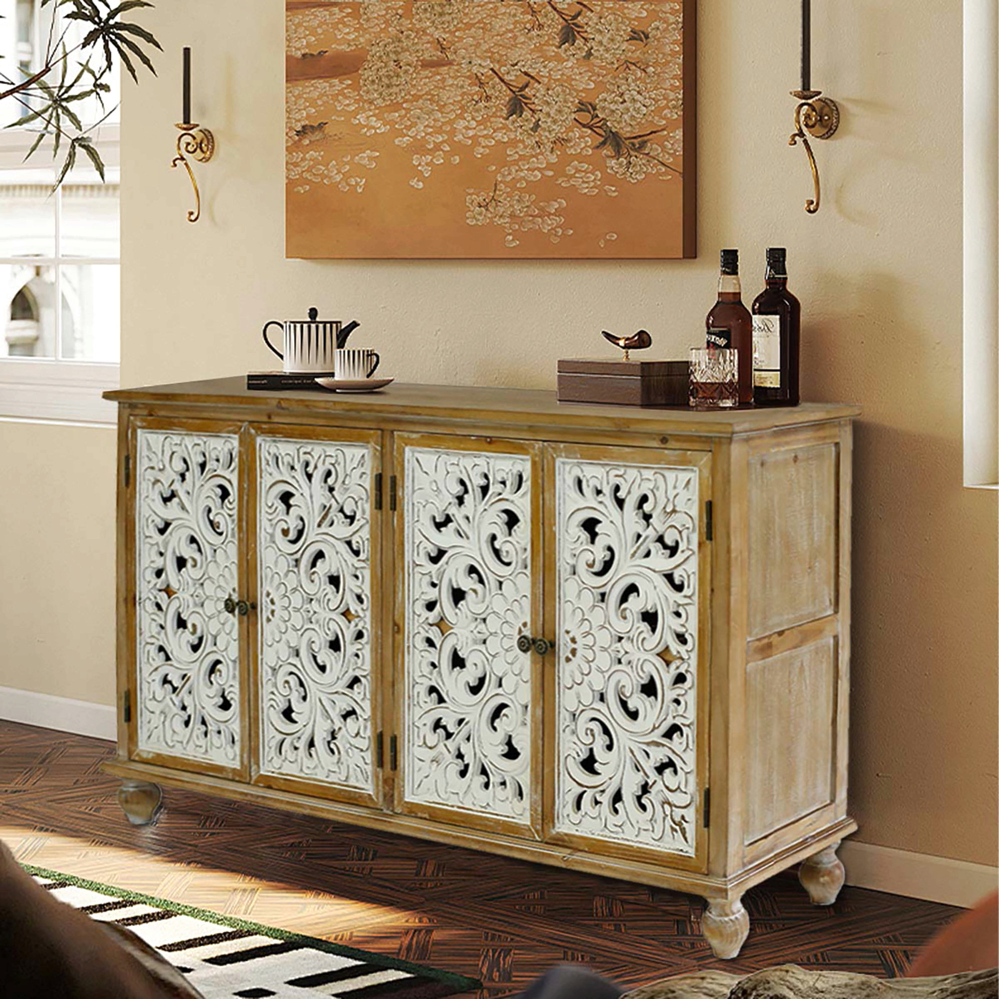 Ebern Designs Accent Cabinet With 4 Doors, Farmhouse Sideboard Buffet Cabinet With Storage ...