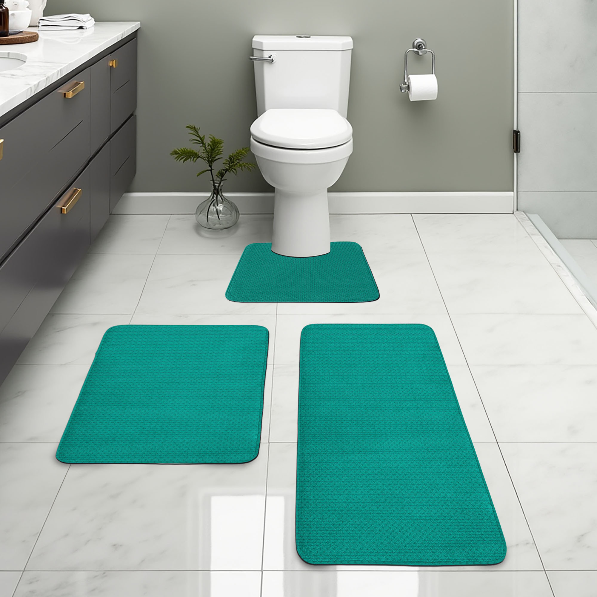 East Urban Home Teal Bathroom Rug Set 3 Pieces U-Shape & Rectangle Mats ...