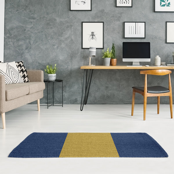 Bless international Milwaukee Flatweave Chenille Navy Blue/Gold Rug ...