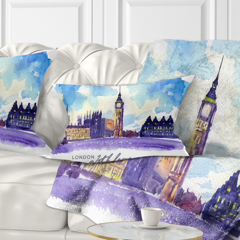 Design Art London Purple - Cityscape Printed Throw Pillow | Wayfair