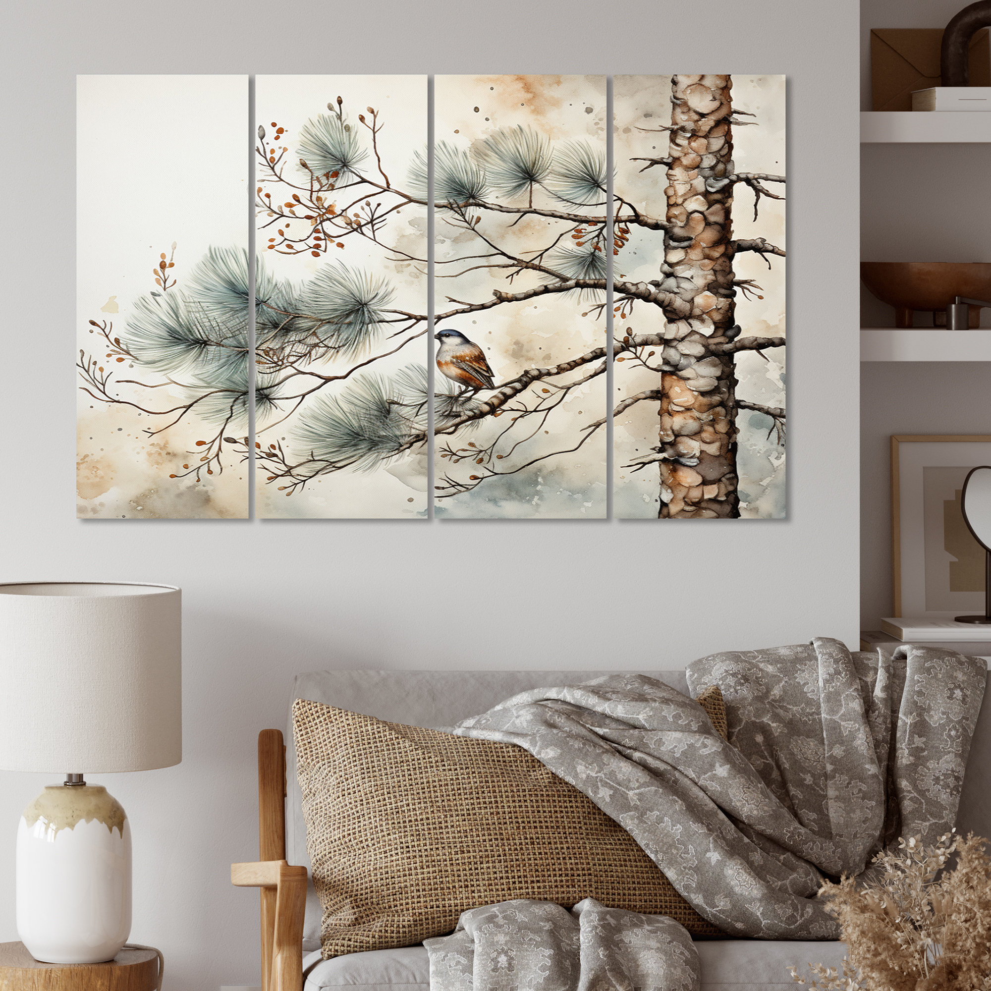 Millwood Pines Bird On Pine Tree II On Canvas 4 Pieces Print | Wayfair